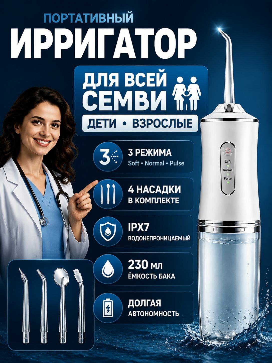 Ирригатор для зубов взрослый электрический с зарядкой, портативный беспроводной мощный для ухода за полостью рта и деснами, для брекетов, дорожный, 3 режима