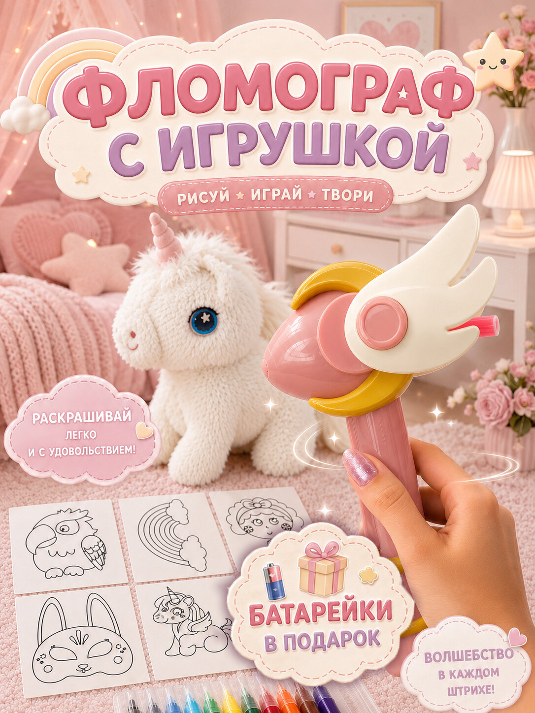 Набор фломограф с игрушкойединорогом, розовый