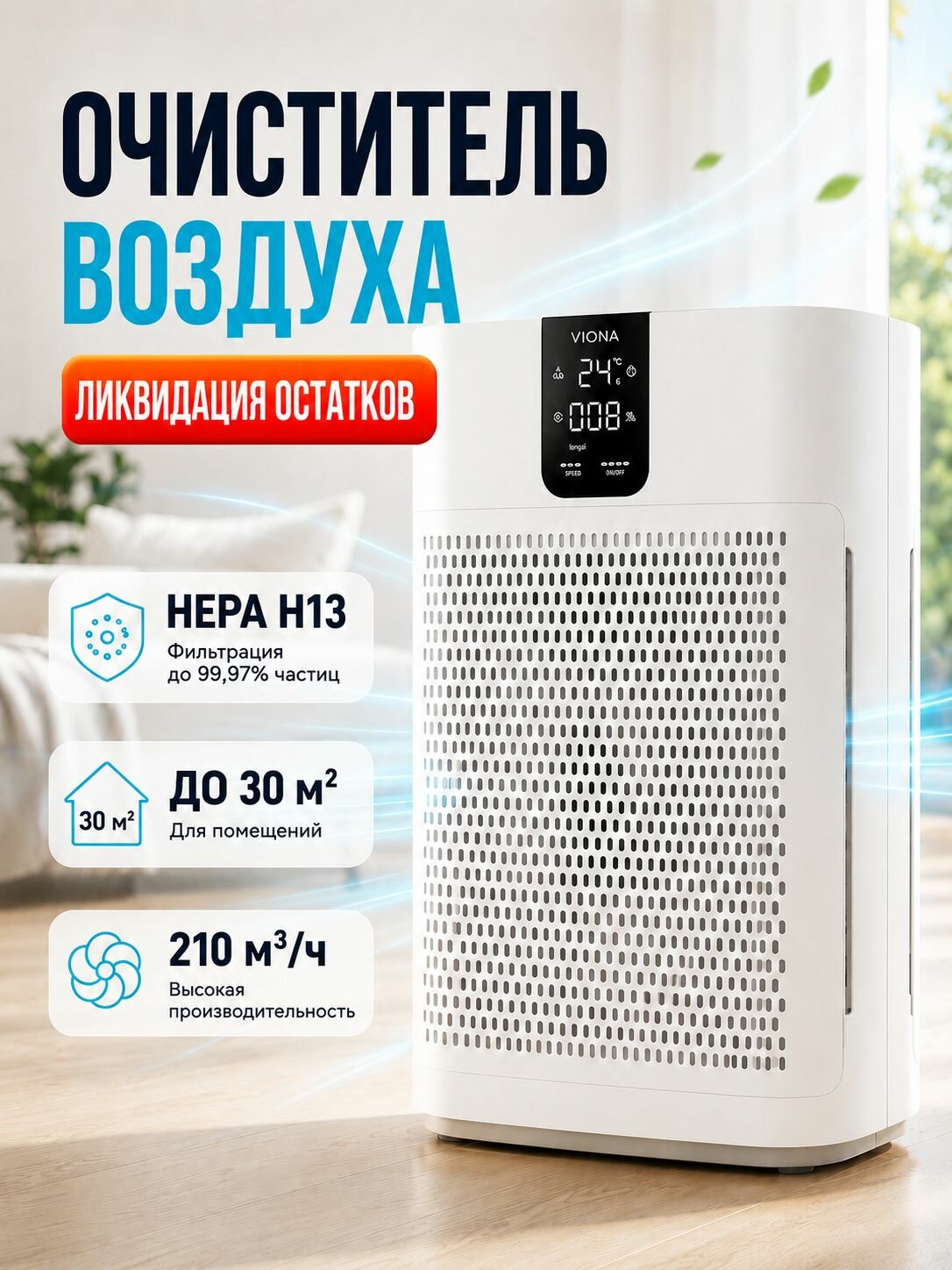 Очиститель воздуха для дома и квартиры, воздухоочиститель с HEPA фильтром и ионизатором, от пыли, аллергенов и шерсти