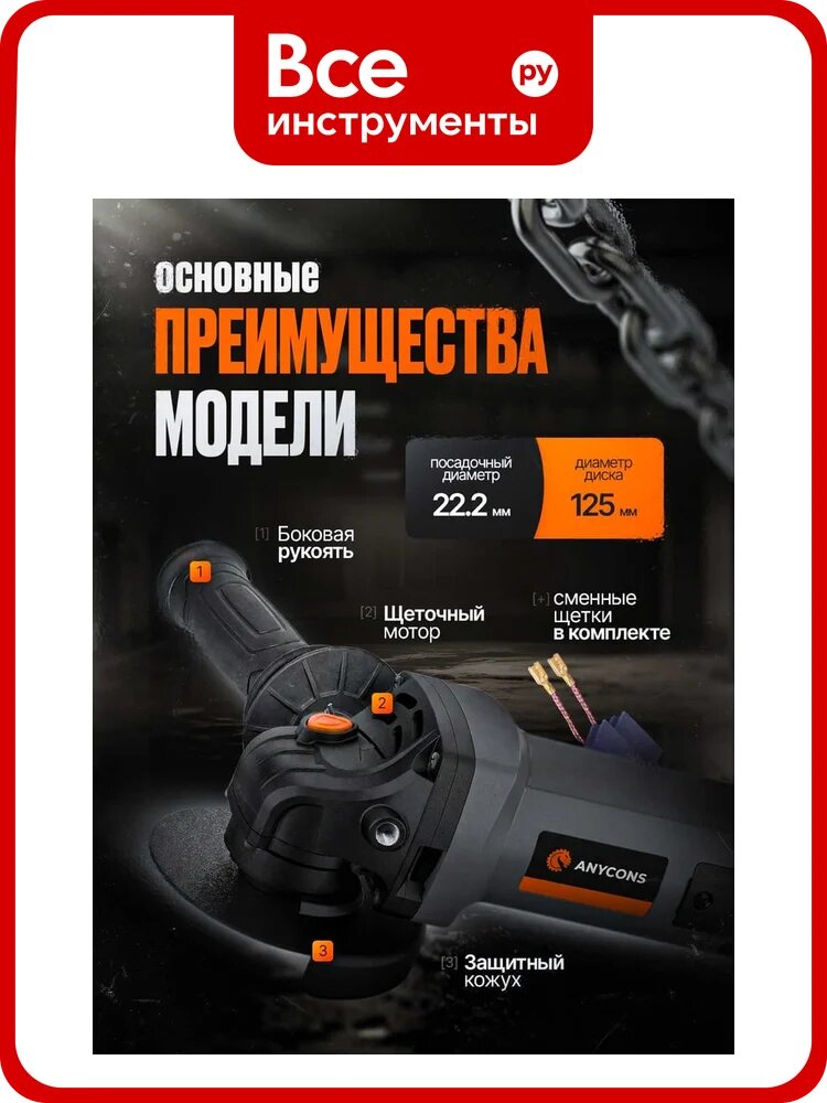 Сетевая УШМ Anycons 125мм, 1400Вт, AC-CAGL1400