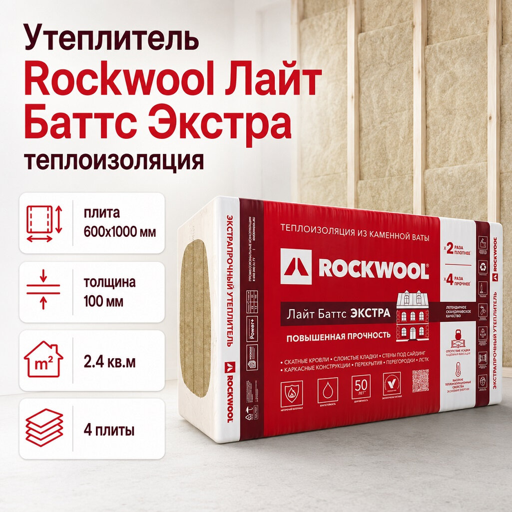Утеплитель Rockwool Лайт Баттс Экстра 100х600х1000 мм, 2.4 кв. м, 4 плиты, для кровли, перекрытий, стен