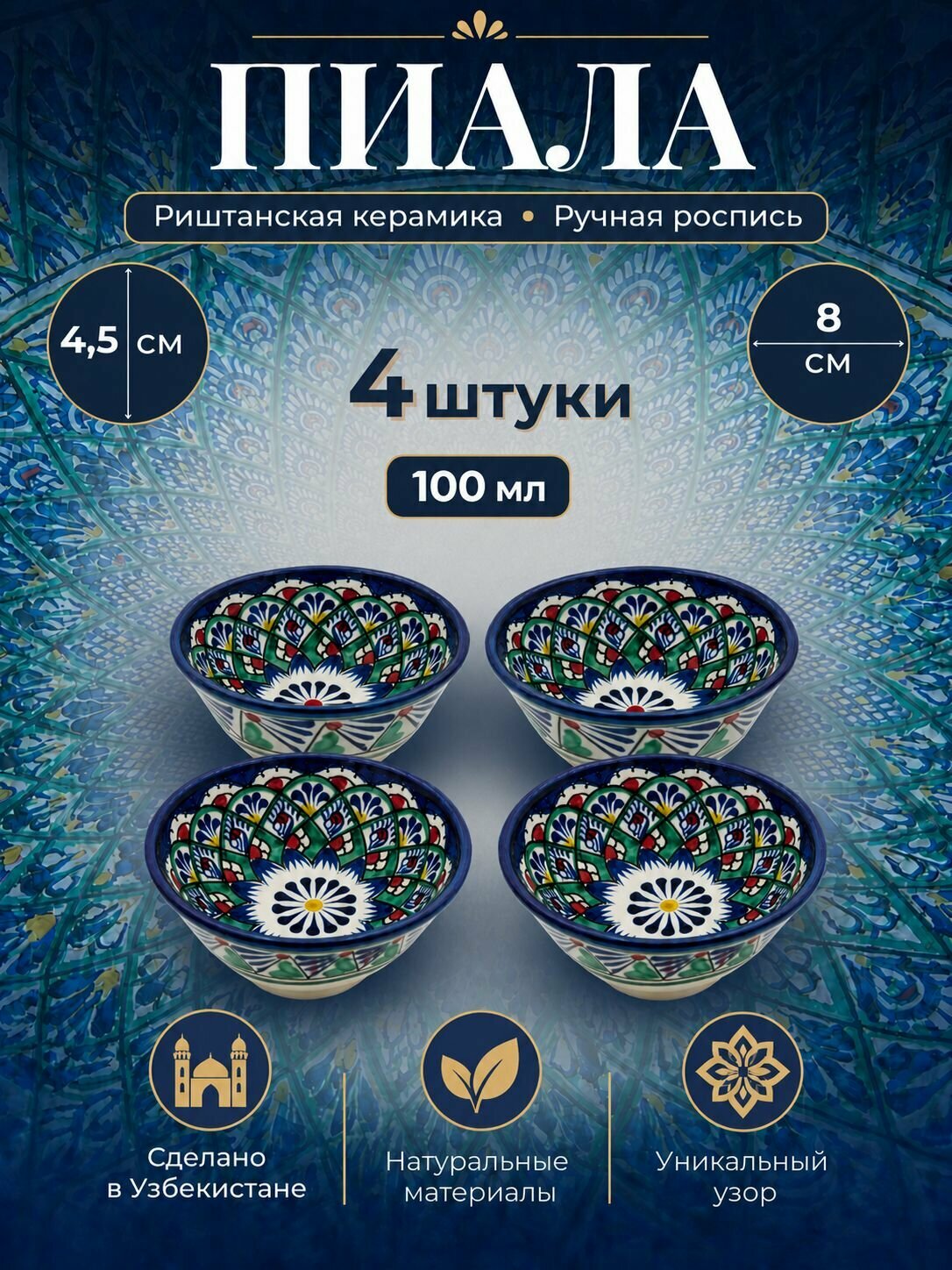 Блюдо Пиалы, Узбекская посуда, Риштанская Керамика, 8 см, 4 шт, синий