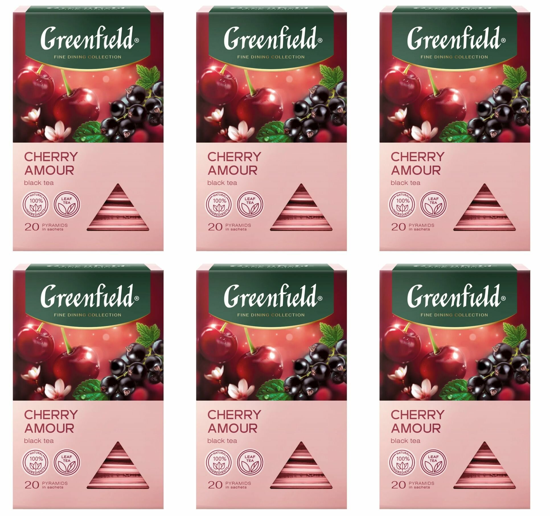 Greenfield Чай в пакетиках, пирамидки Fine Dining Cherry Amour, черный с ароматом мяты и вишни, 20 х 1.8 гр, 6 уп