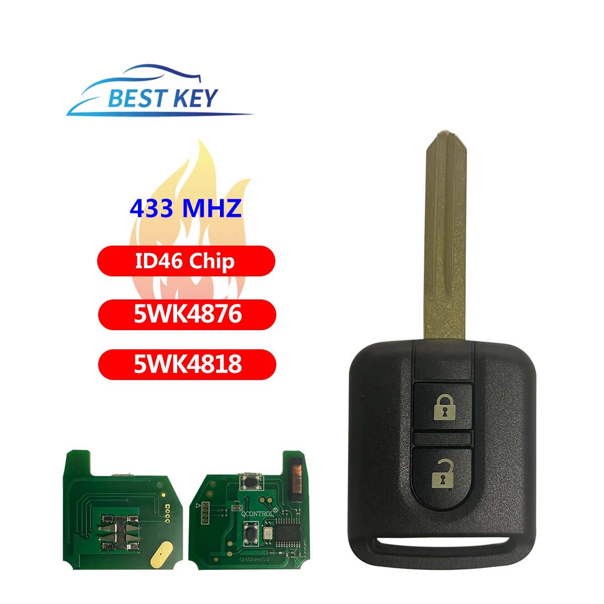 Лучший брелок для ключей Nissan Navara, Elgrand, X-TRAIL, Qashqai, Micra, Note, NV200, 5WK4876, 5WK4818, 433Mhz, ID46, PCF7946