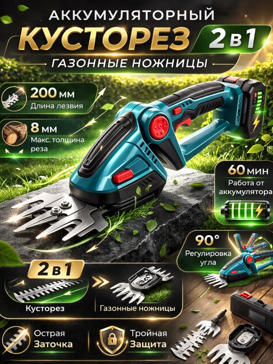 Аккумуляторный кусторез 2в1, ножницы для травы