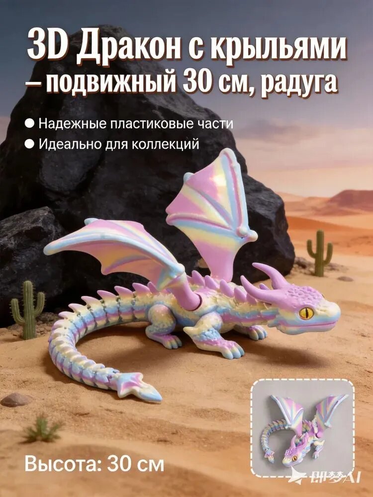 Объемный 3D дракон с крыльями; Очень реалистичный большой, дракон 3d подвижный,30 см, Радужный цвет