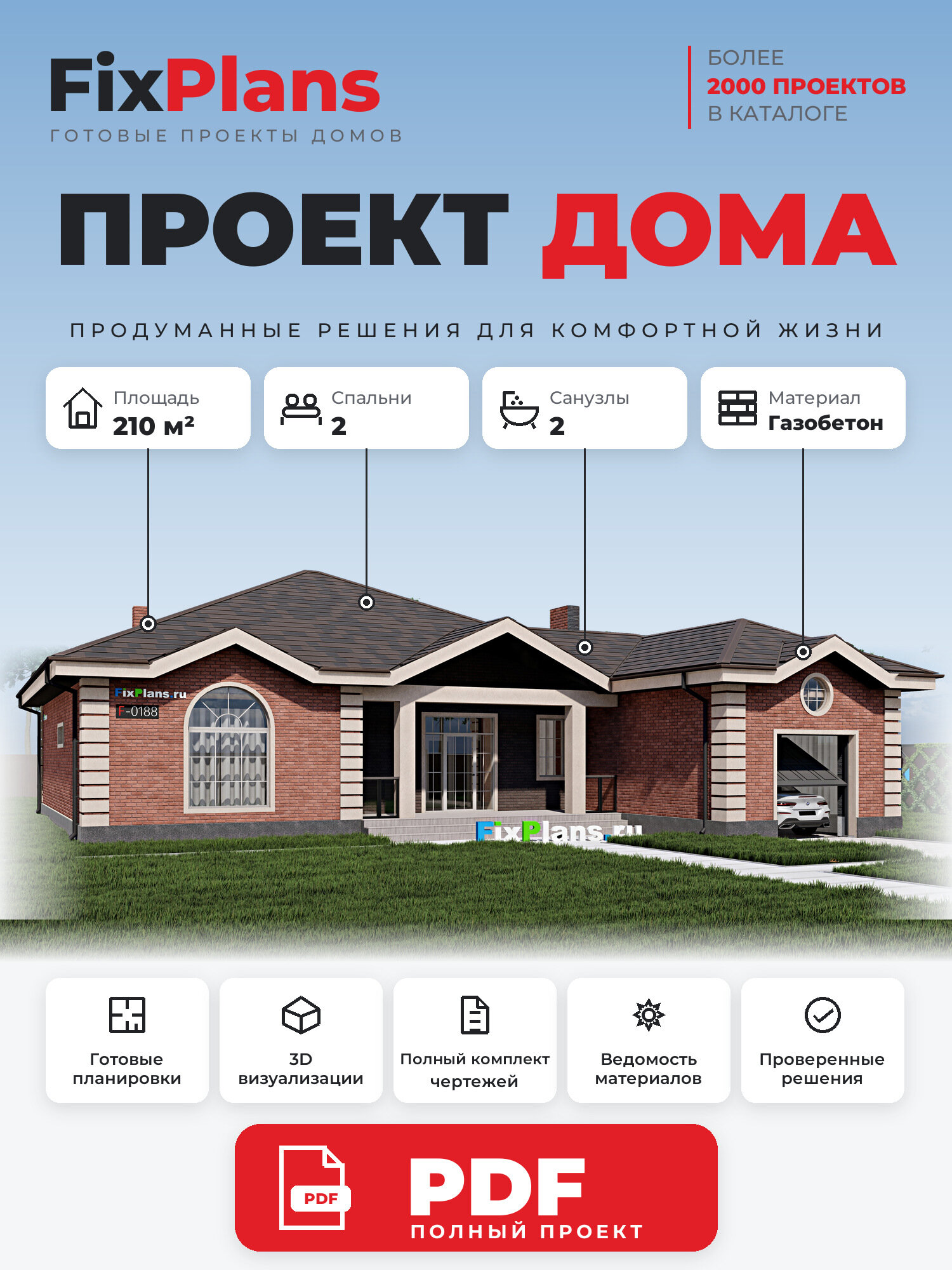Проект дома FIXPLANS. Одноэтажный. Площадь 174.38 м2 F - 0188 Размер 18.83 х 18.2