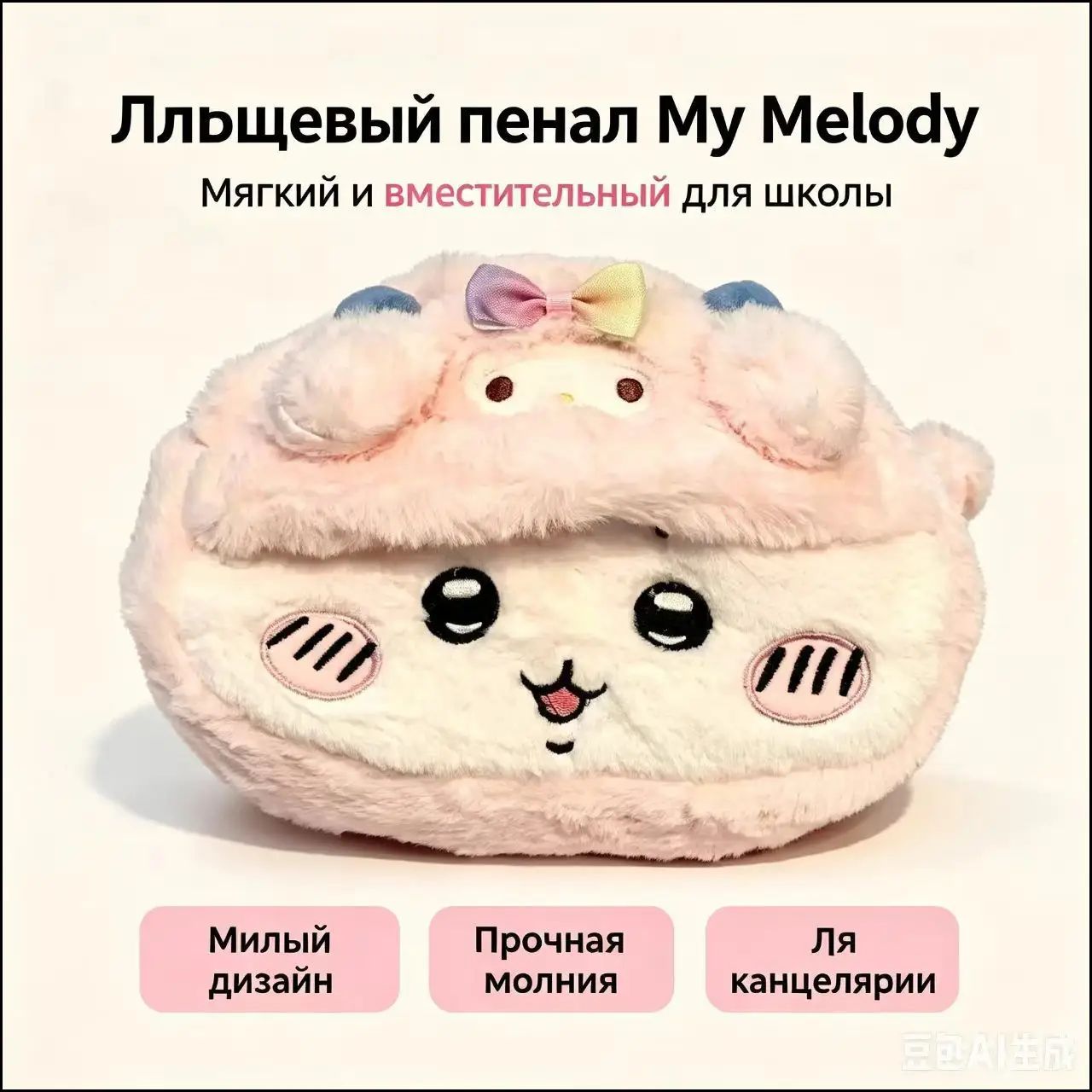 Пенал мягкий плюшевый Чикава Джии Кава мультяшный милый, с шляпой, розовый и желтый