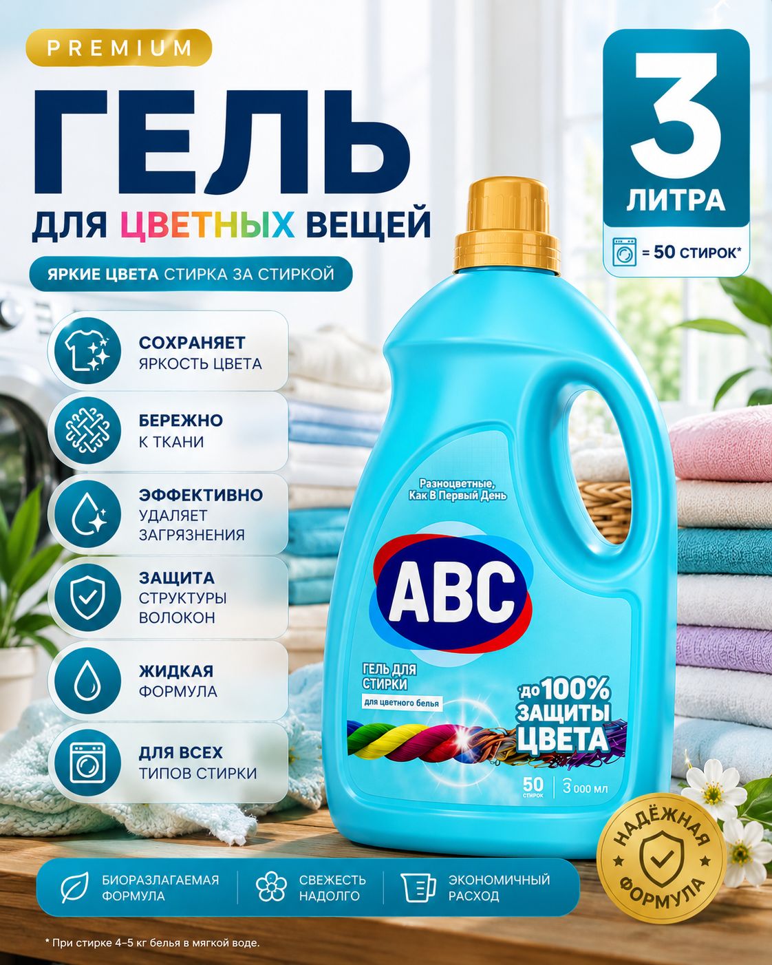 Гель для стирки жидкий порошок АВС для цветного белья, жидкое средство для стирки, 3 л. / АБЦ Турция