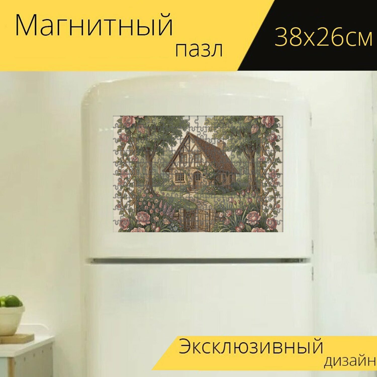 Магнитный пазл "Сказочный дом в цветочной рамке. Уютный загородный коттедж среди деревьев и сада, обрамленный розами и тюльпанами. Ретро-иллюстрация в." для интерьера, 38х26 см.