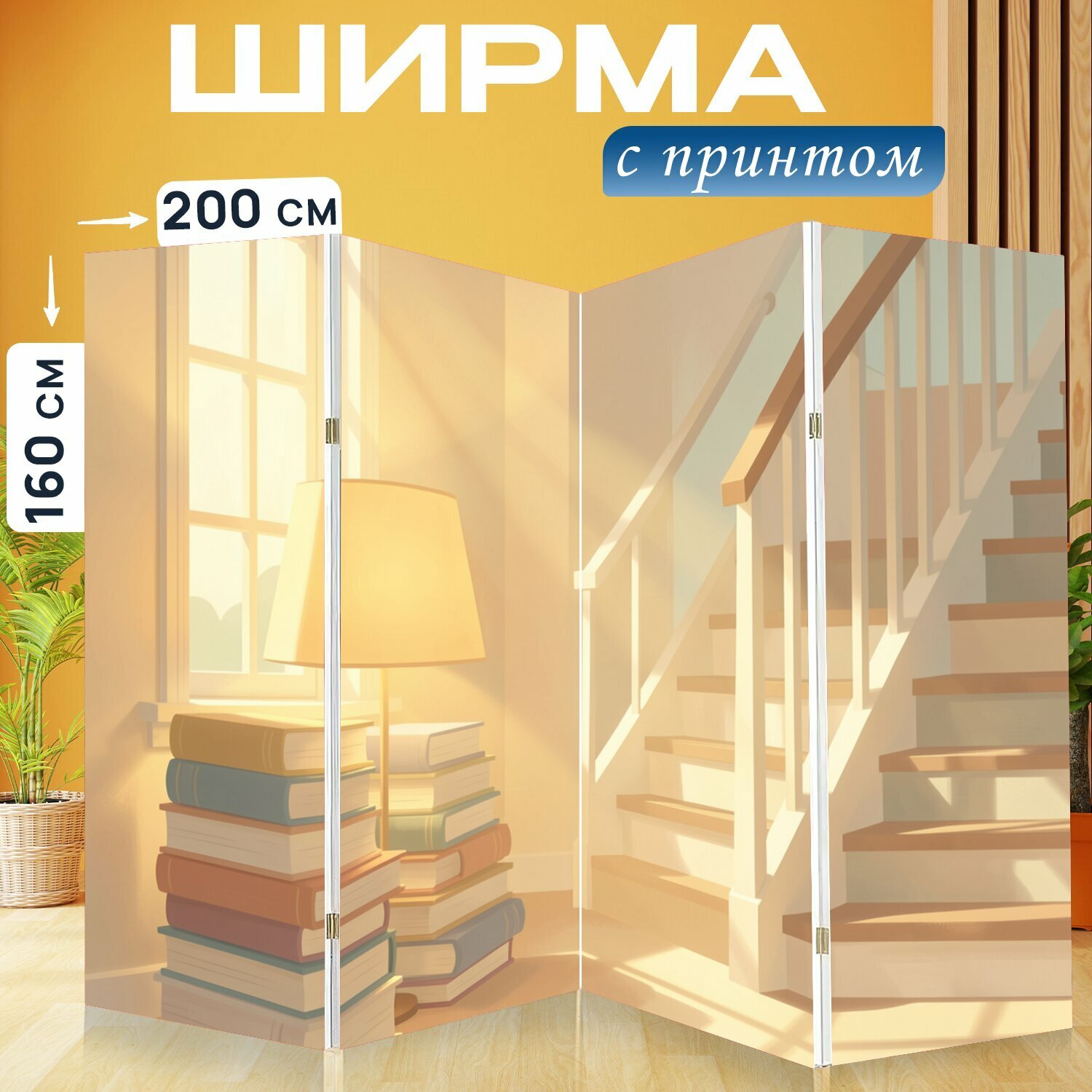 Ширма "Солнечный интерьер с лестницей и книгами. Уютная светлая гостиная в мягких золотистых тонах: высокие." перегородка для зонирования комнаты с принтом 200x160 см. на холсте