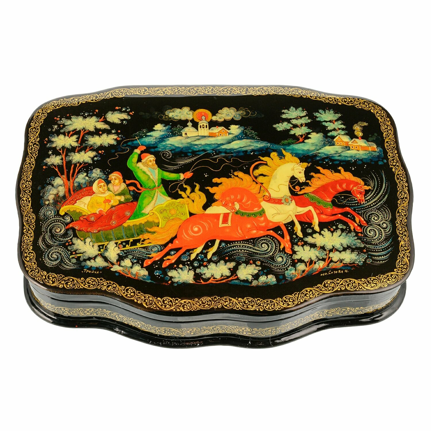 208471/18*12см Лаковая миниатюра Палех шкатулка "Тройка" Сизова
