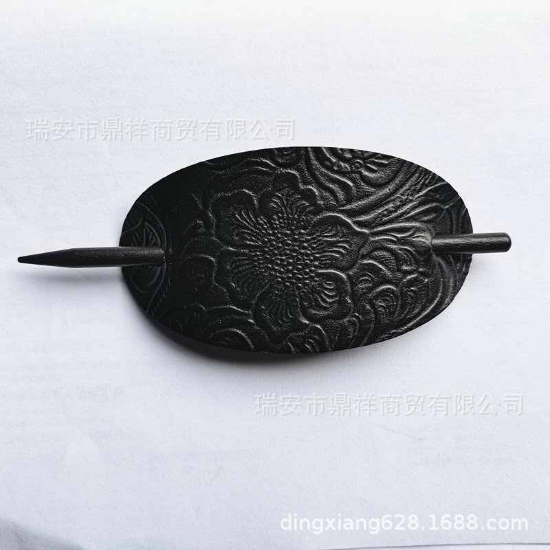 Заколка для волос "Трансграничный", ретро-стиль, овальная, кожаная, черная