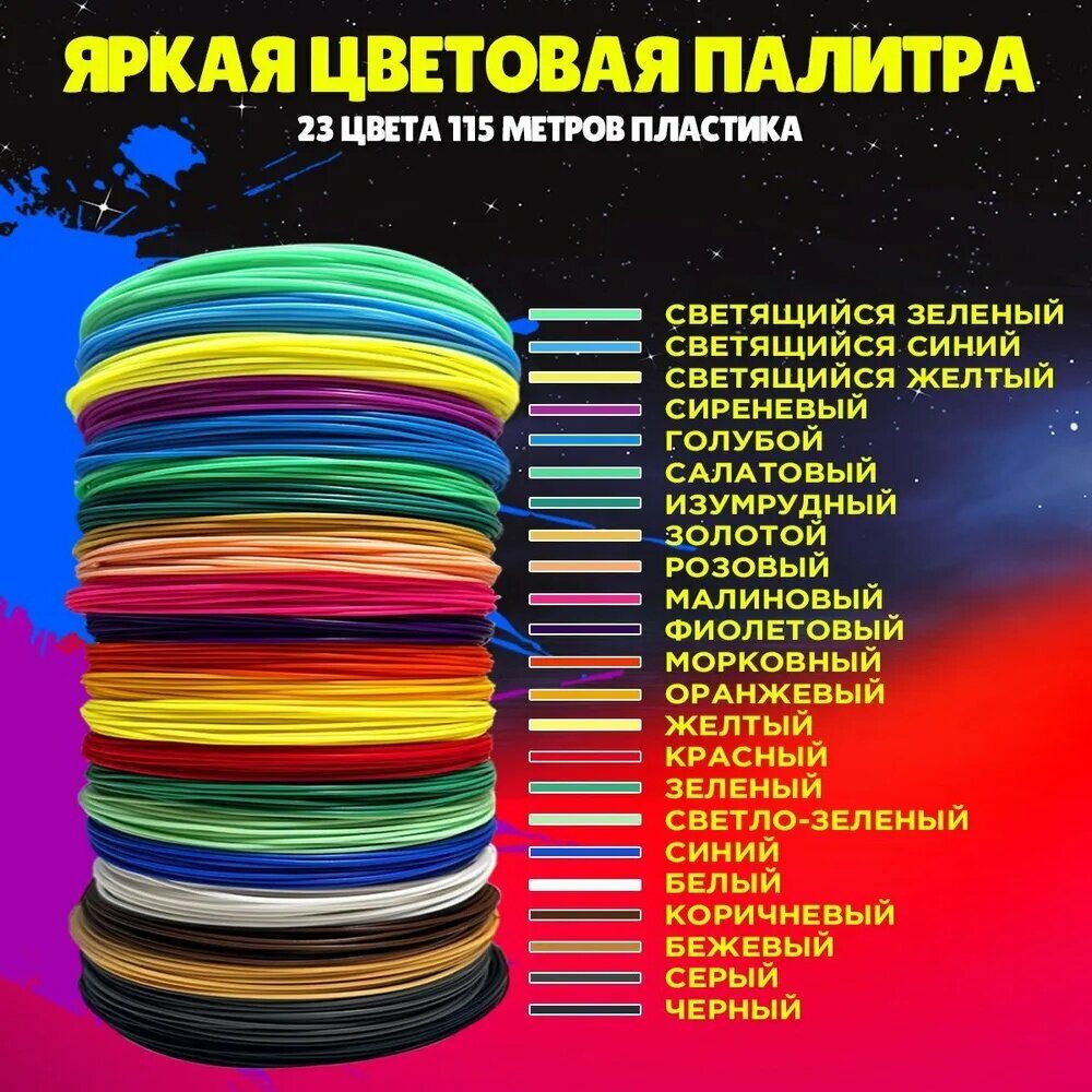 Пластик PCL, для 3D ручек, низкотемпературный, 10 ярких цветов, 23 м