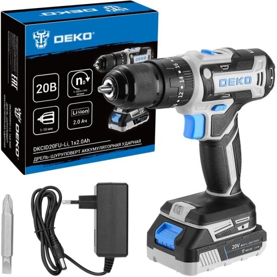 Дрель-шуруповерт аккумуляторная ударная Deko DKCID20FU-Li, 20В, 1x2.0Ач (083-1119)