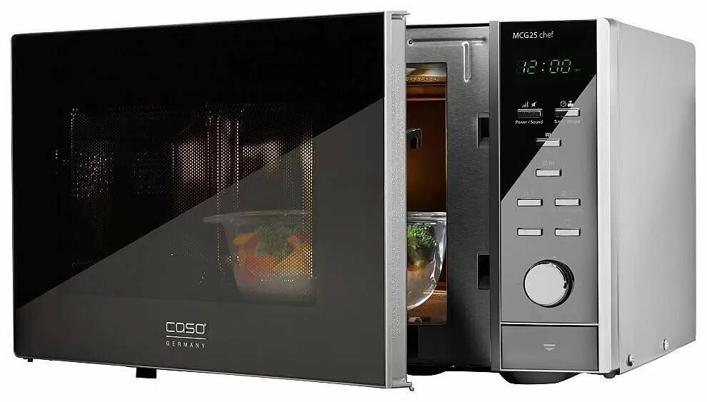 Микроволновая печь CASO MCG 25 Chef зеркальный, серебристый, 25 л, 900 Вт, переключатели - кнопки, поворотный механизм