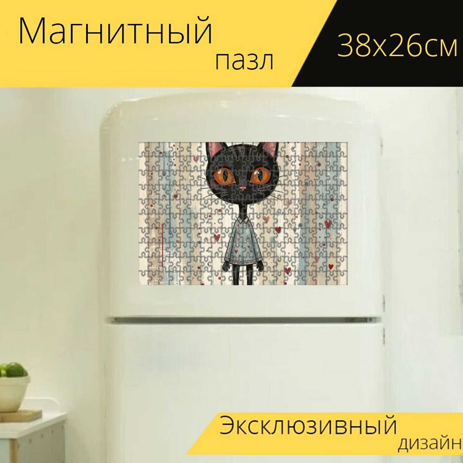 Магнитный пазл "Черный кот в одежде. Милый антропоморфный котенок с большими янтарными глазами, в голубом наряде с сердечками, на светлом пастельном фоне с." для интерьера, 38х26 см.