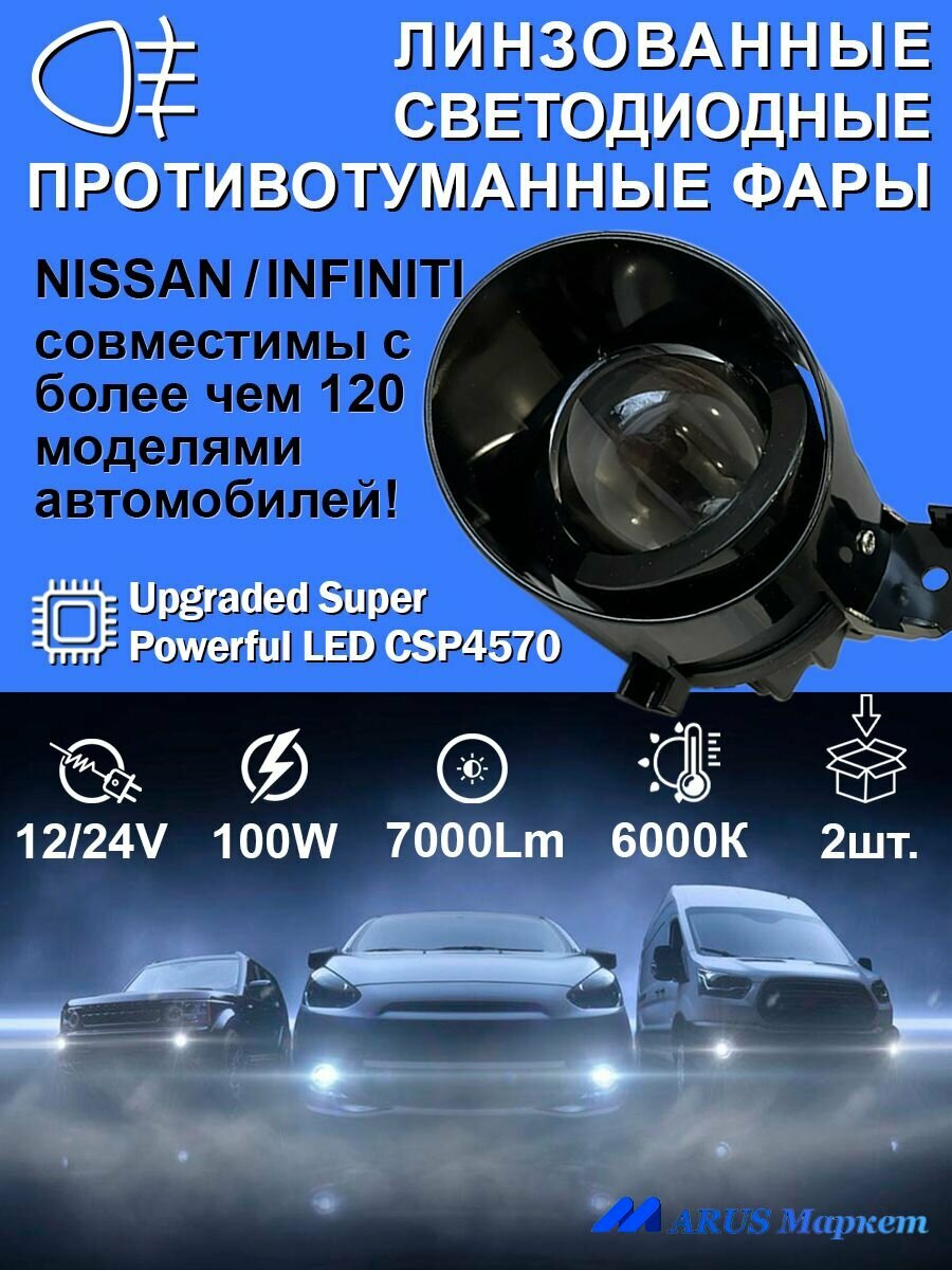 Фары противотуманные светодиодные NISSAN / INFINITI 12/24V, 100W, 6000K