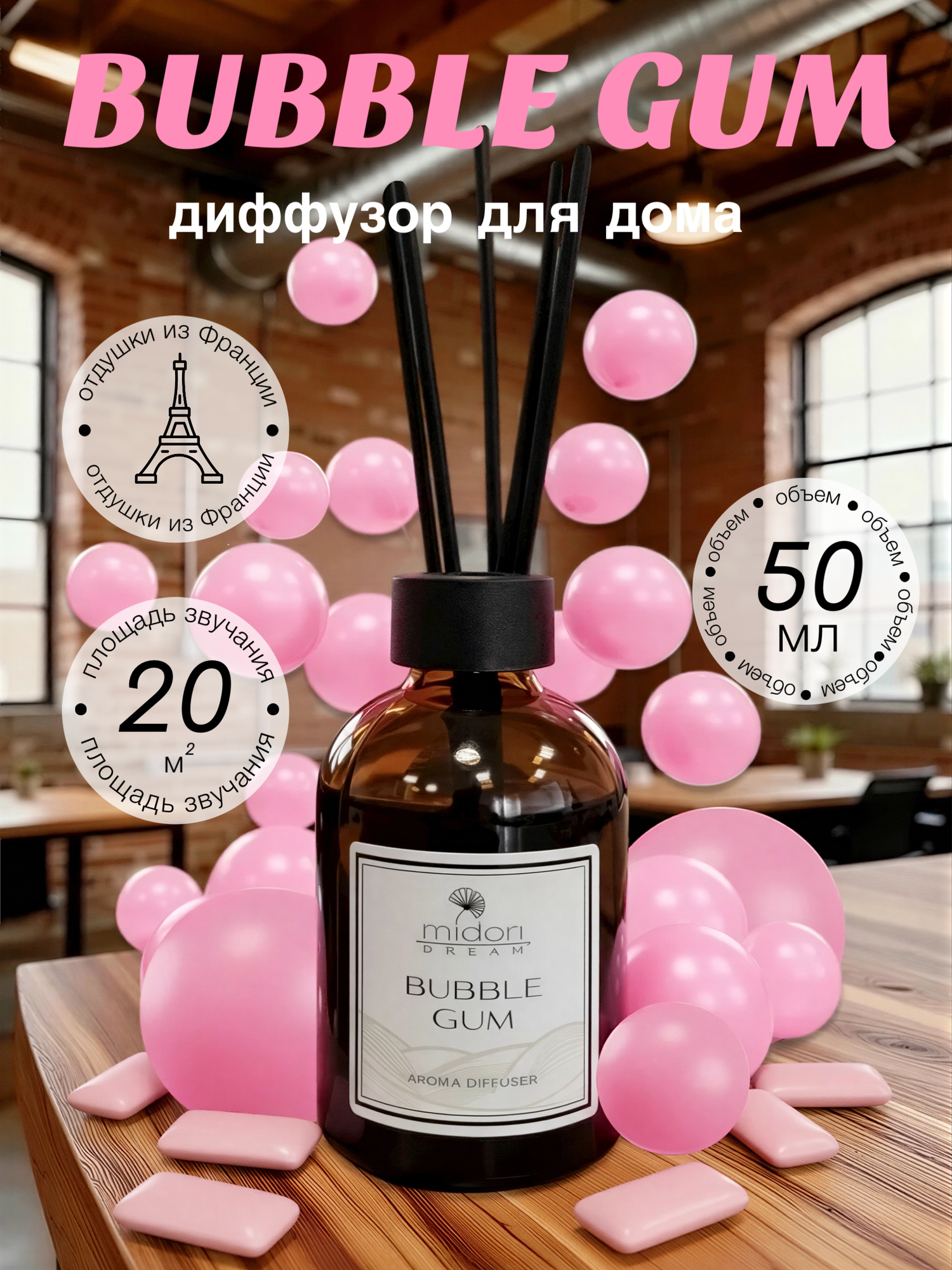 Диффузор для дома с палочками Midori Dream, Bubble Gum 50 мл