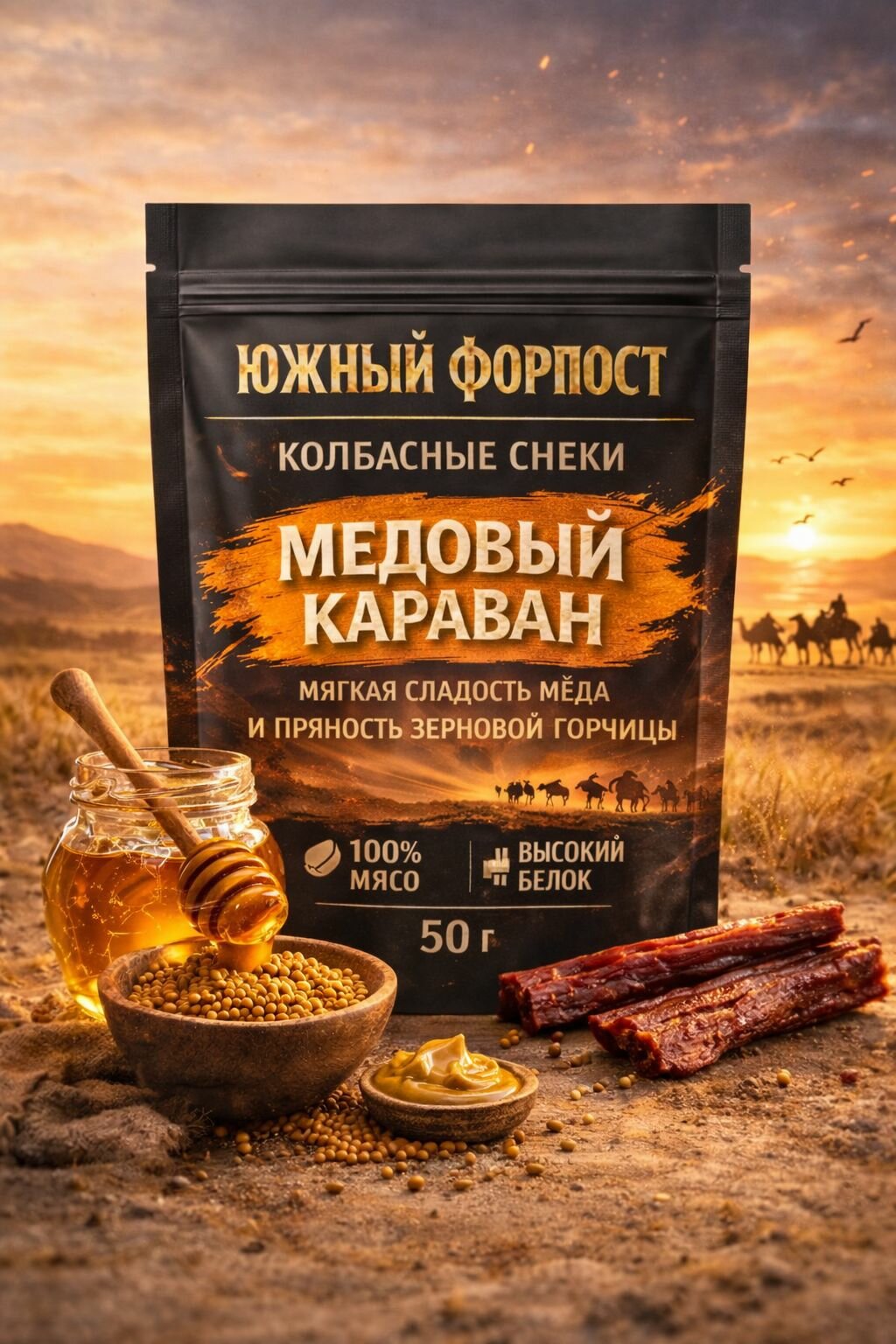 Колбасные снеки Южный Форпост "Медовый Караван", премиум, мясо, специи, мед, горчица
