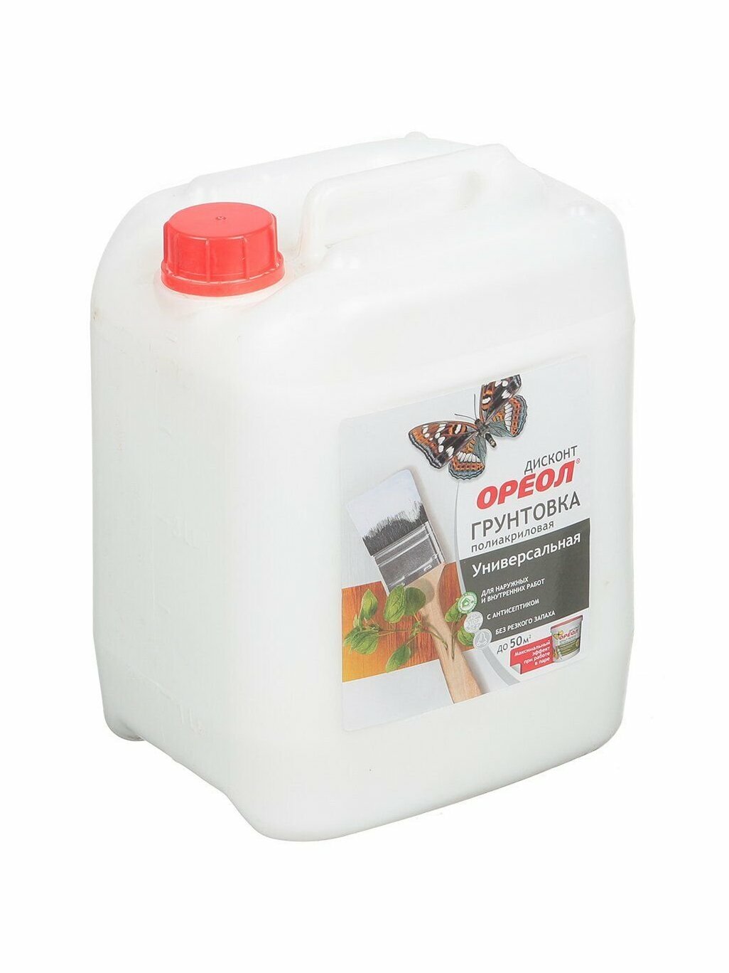 Грунтовка водно-дисперсионная Ореол Дисконт полиакриловая универсальная 5 кг для внутренних и наружных работ с антисептиком