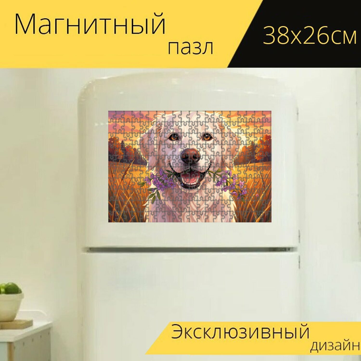 Магнитный пазл "Белый ретривер с цветами. Улыбающаяся светлая собака держит в пасти веточки с фиолетовыми цветами, стоит в золотом поле на фоне." для интерьера, 38х26 см.