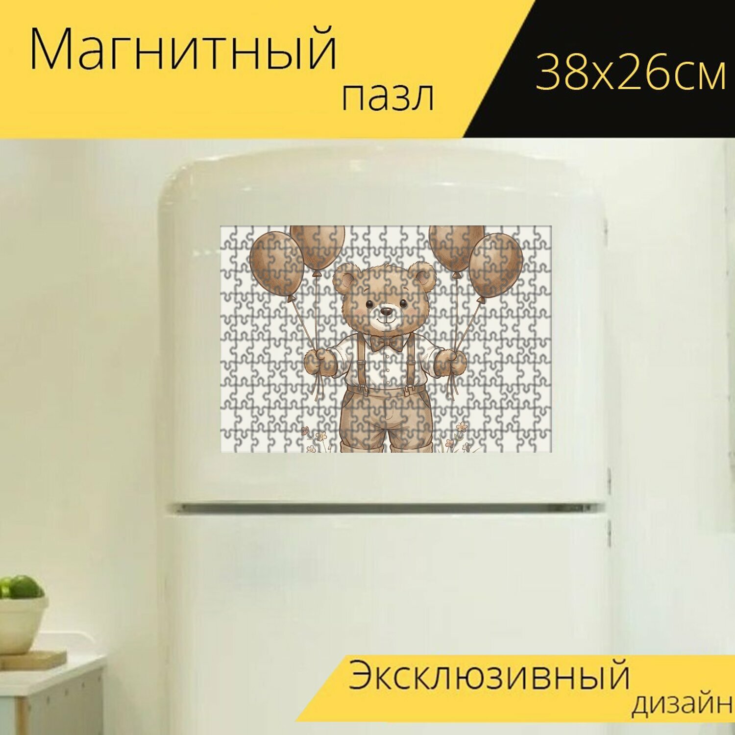 Магнитный пазл "Милый медвежонок с шариками. Нежная акварельная иллюстрация с улыбающимся плюшевым зверьком в бабочке и подтяжках. Бежево-коричневая." для интерьера, 38х26 см.