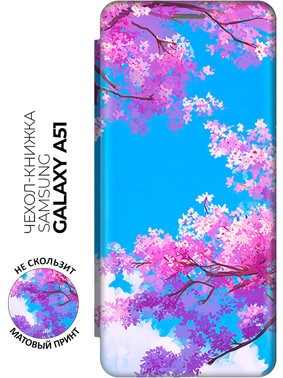 Чехол-книжка на Samsung Galaxy A51 с принтом "Сакура в небе" золотой