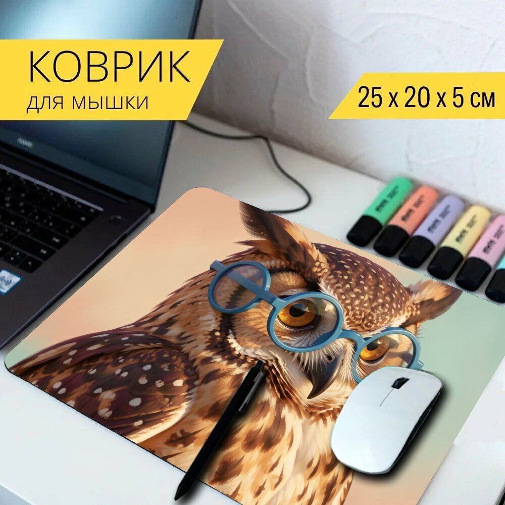 Коврик для мыши с принтом "Сова в круглых очках. Художественная иллюстрация мудрой птицы с большими янтарными глазами и синими оправами. Тёплые бежево-коричневые оттенки." 25x20см.