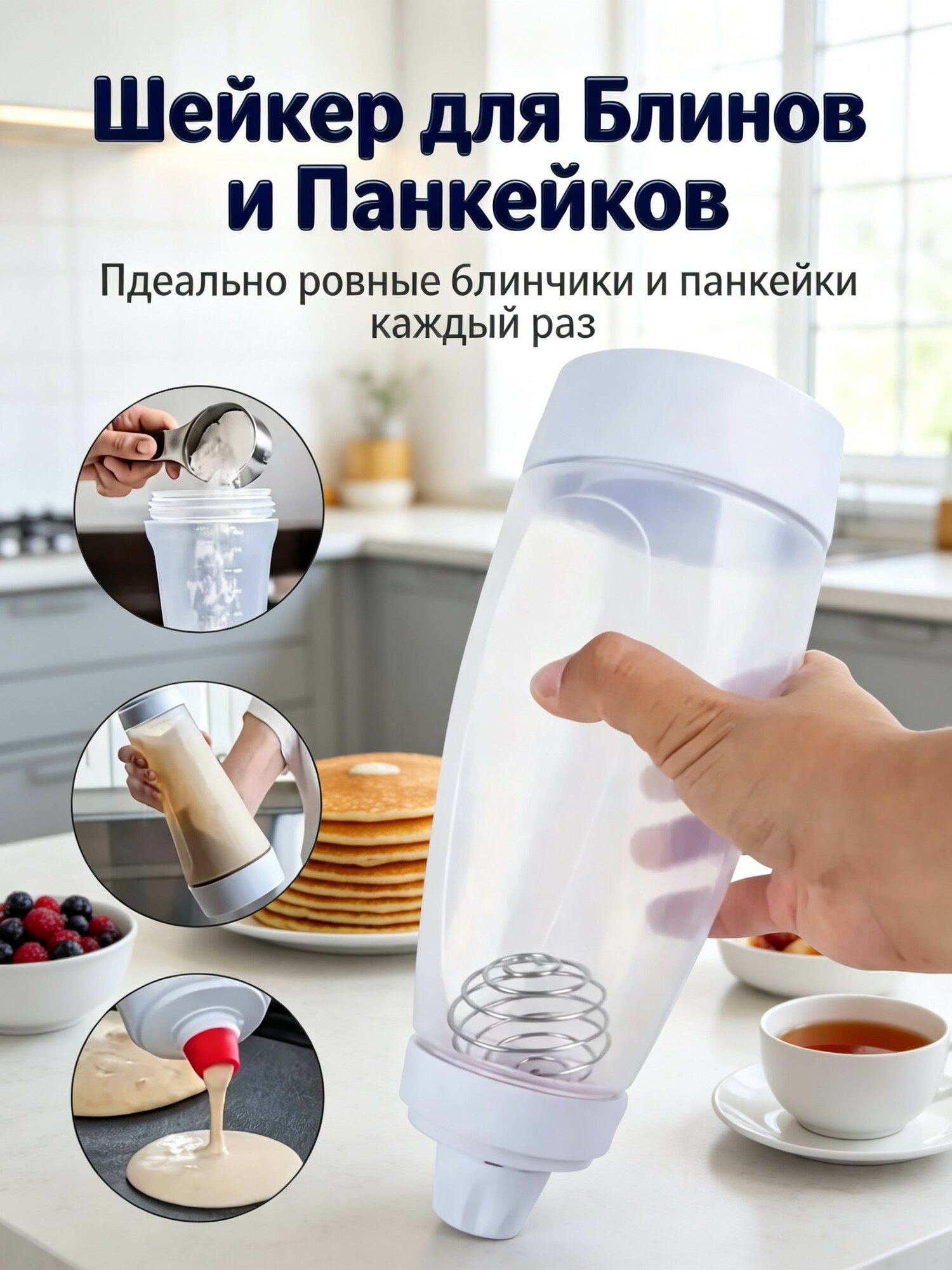 Шейкер для блинов с мерной шкалой 1 л, удобный дозатор теста и венчик из нержавеющей стали на безопасном пластике для ровных панкейков