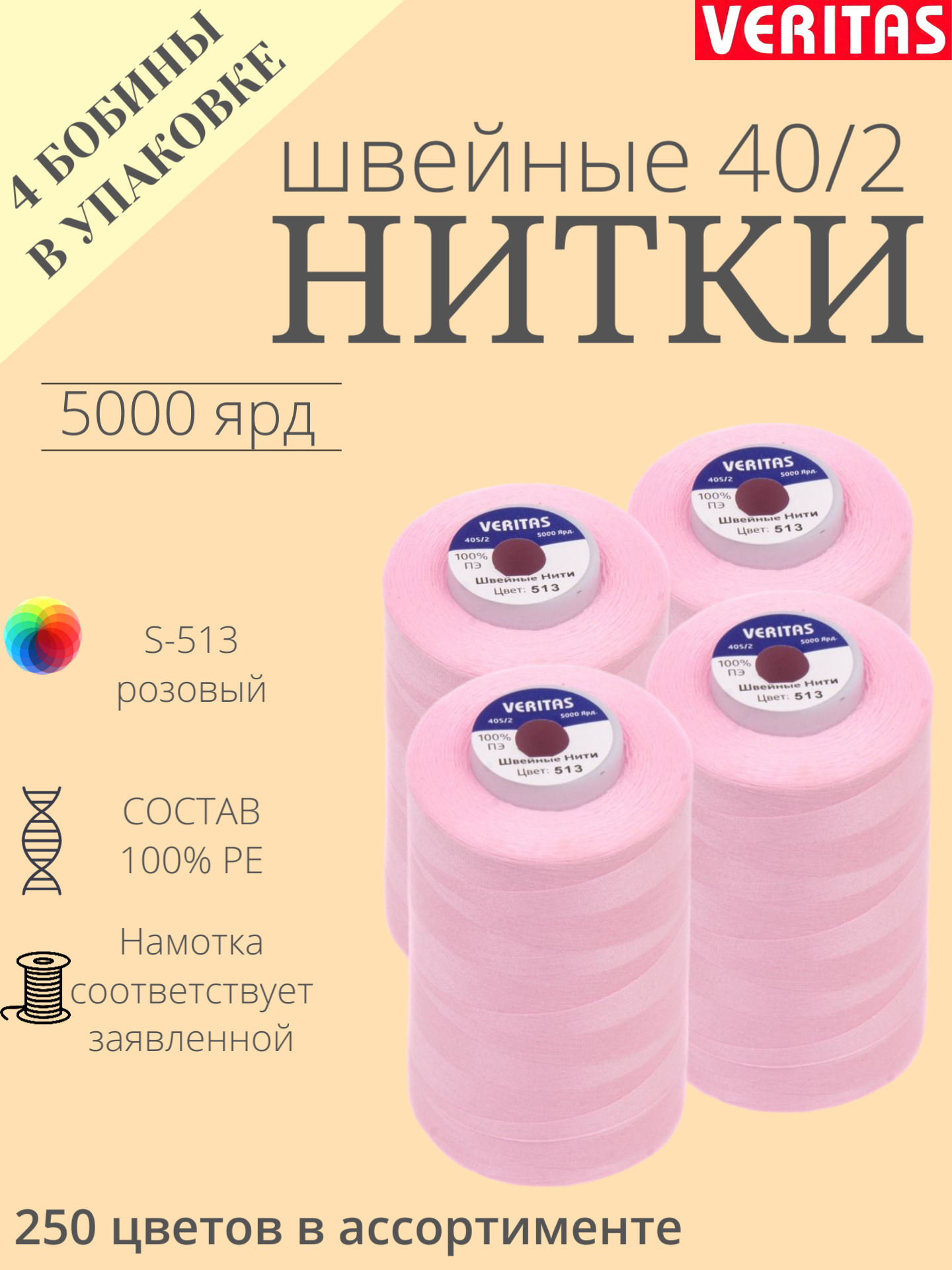 Нитки швейные 40/2 набор 4 бобины VERITAS S-513, намотка 5000ярд