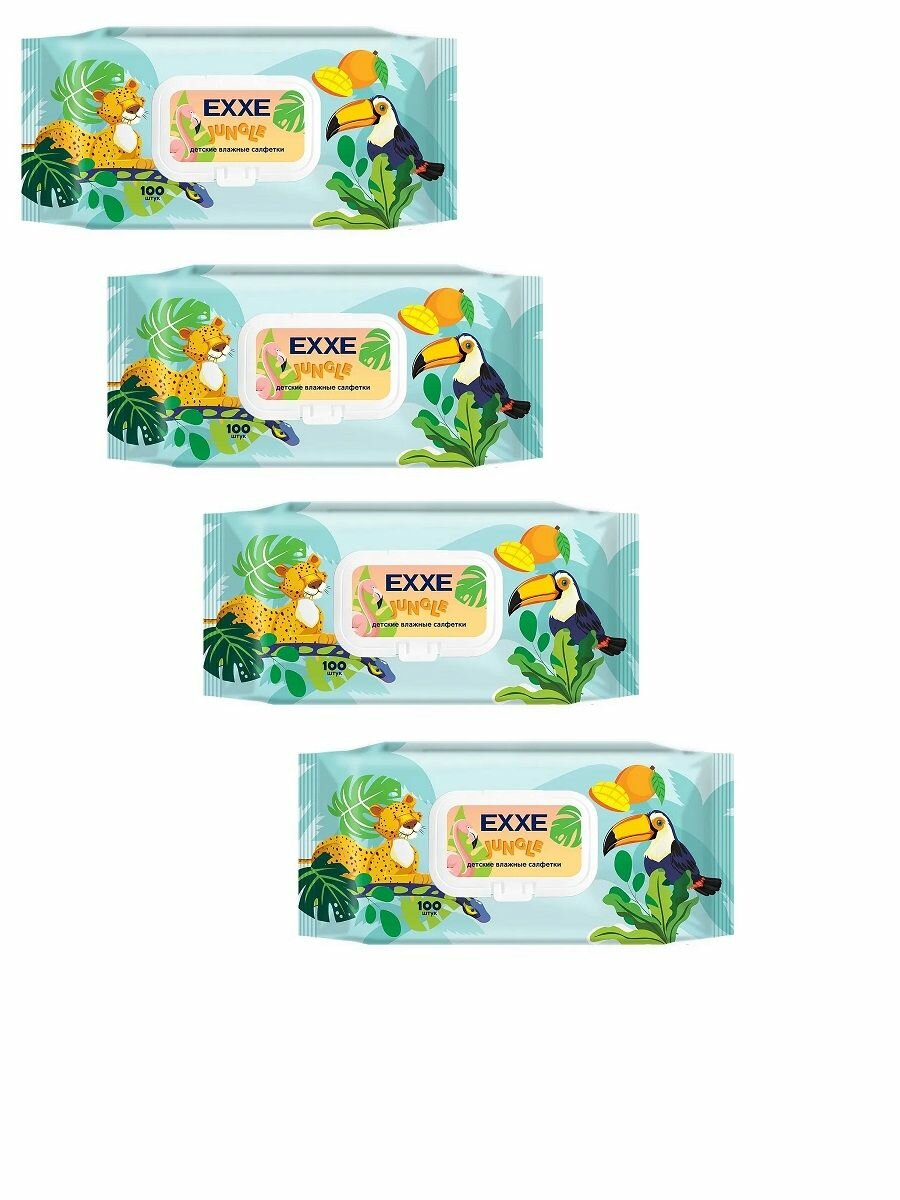 Влажные салфетки для дете Exxe Джунгли Микс, манго, 100 шт, 4 уп.