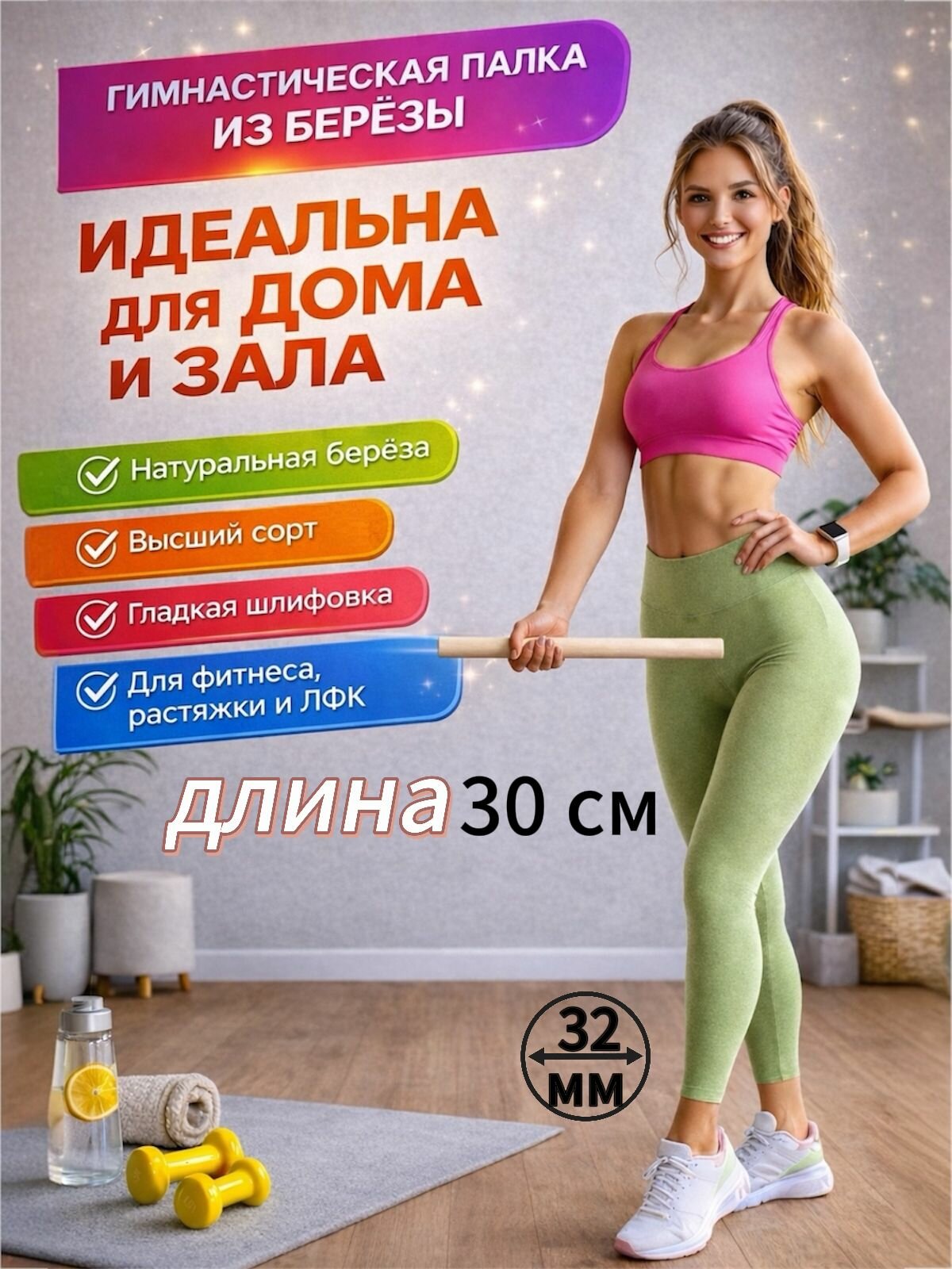 Палка гимнастическая бодибар деревянная 30 см, D32мм