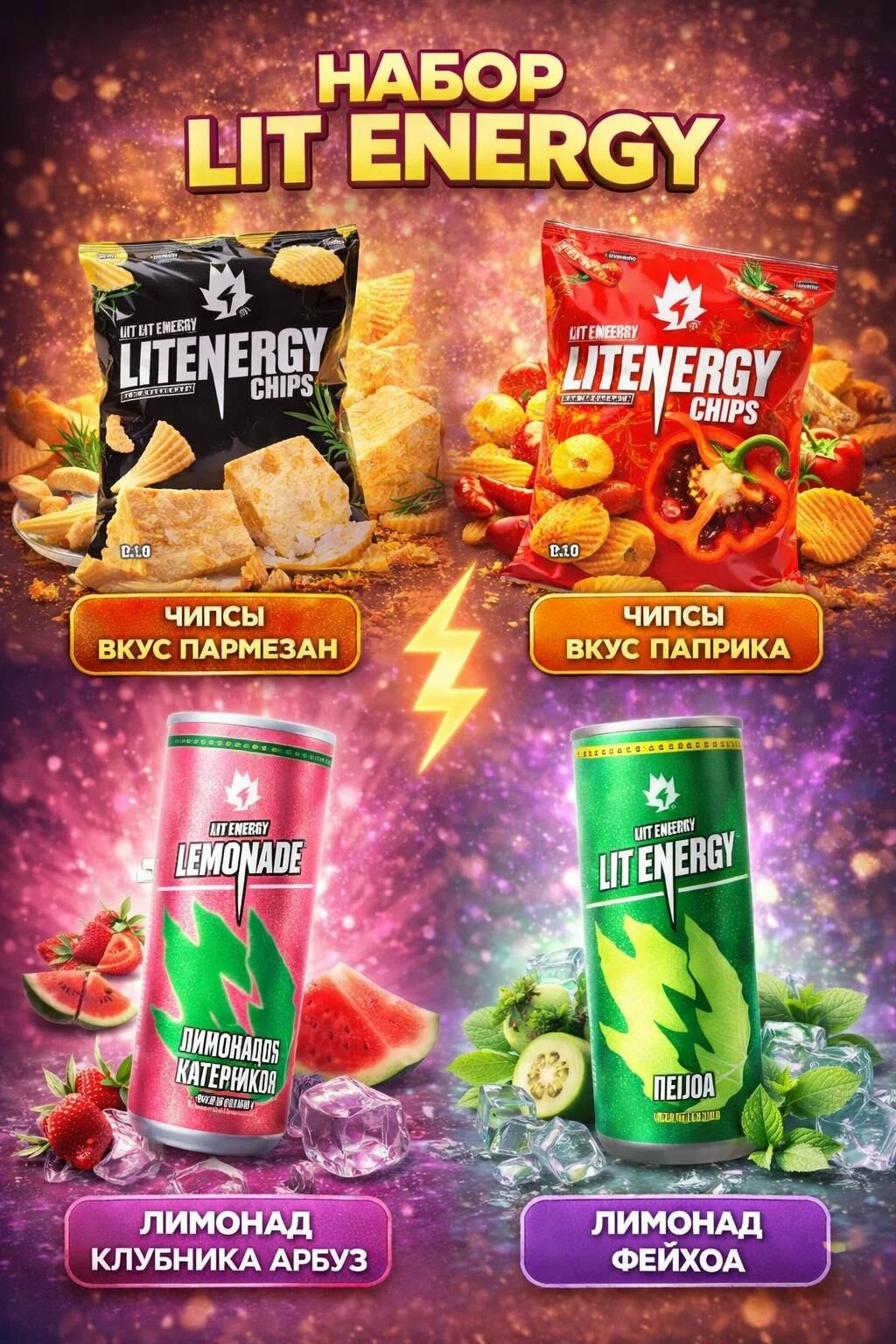 Набор LIT ENERGY: картофельные чипсы Пармезан + Паприка 2 120 г и напитки LIT Strawberry Watermelon + Feijoa