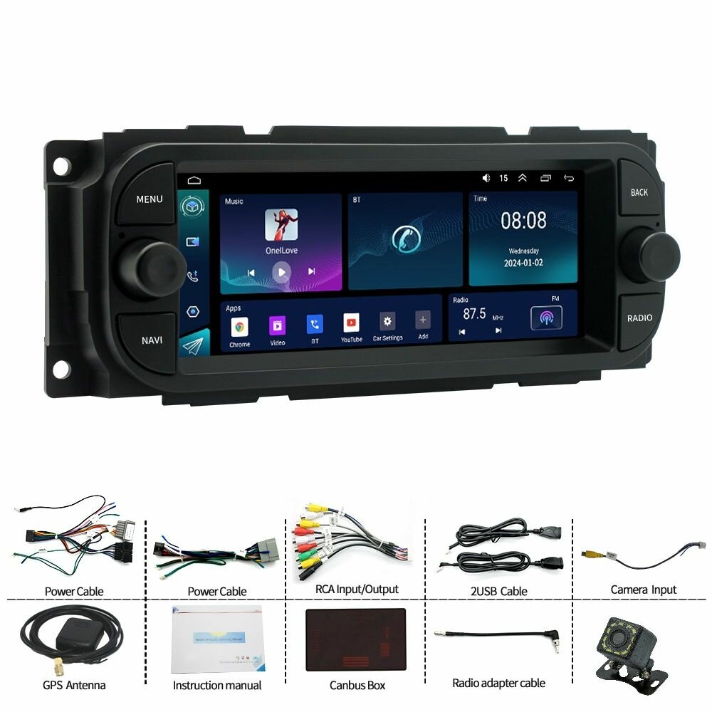 Автомобильная магнитола комплект для Dodge, Jeep Grand Cherokee, Wrangler и Chrysler — 2+32G, с камерой и CarPlay
