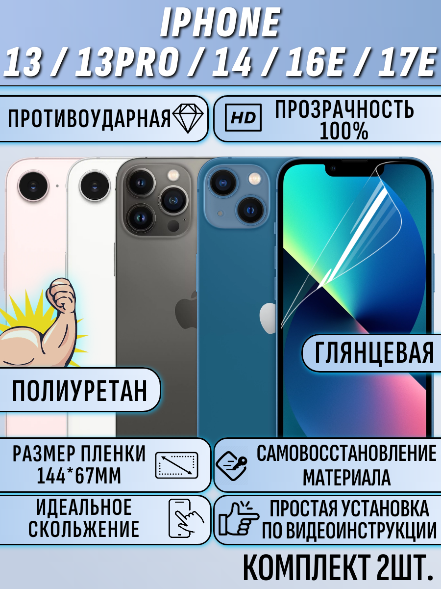 Гидрогелевая пленка для iPhone 13 / 13 Pro / 14 / 16e / 17e комплект 2 ШТ глянцевая на весь экран
