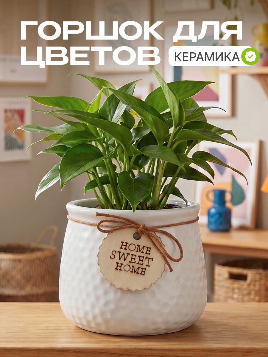 Горшок декоративный для цветов "Home sweet home" белый, керамика, кашпо для растений, суккулентов и кактусов, для дома