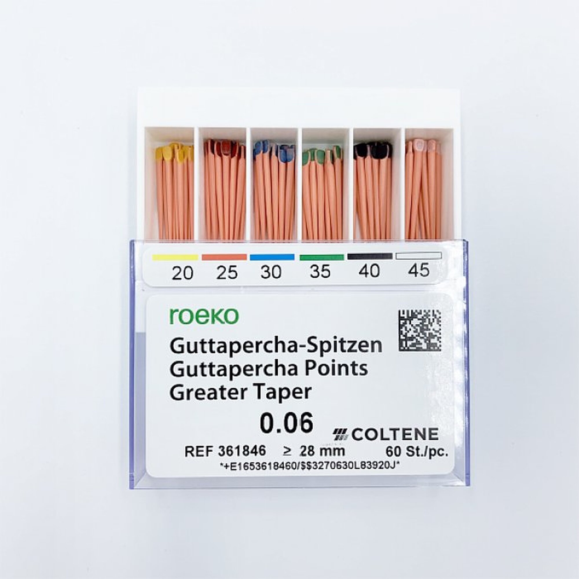 Гуттаперчевые штифты ROEKO Greater Taper 0.06 #20-45 для обтурации каналов, 60 шт
