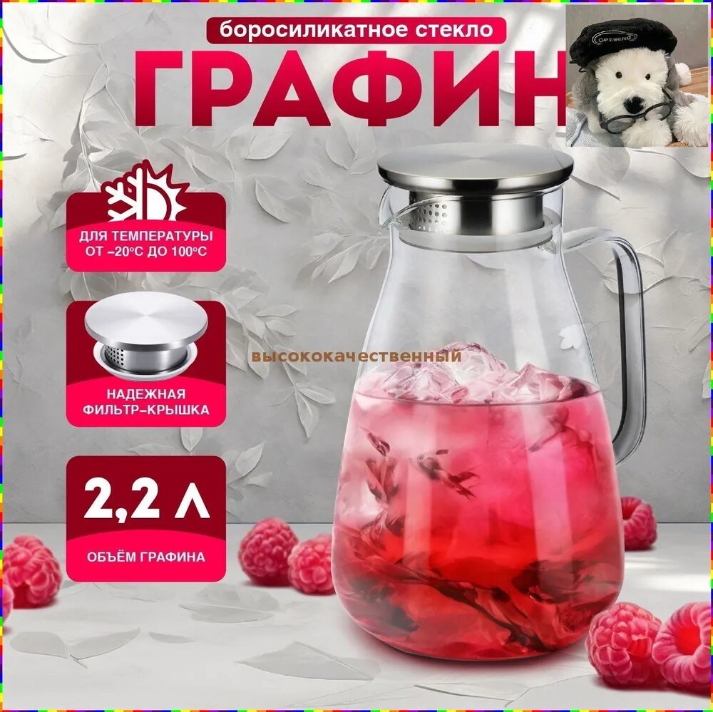 Графин 2.2 л из боросиликатного стекла с фильтром и крышкой, для воды, коктейлей, и глинтвейна