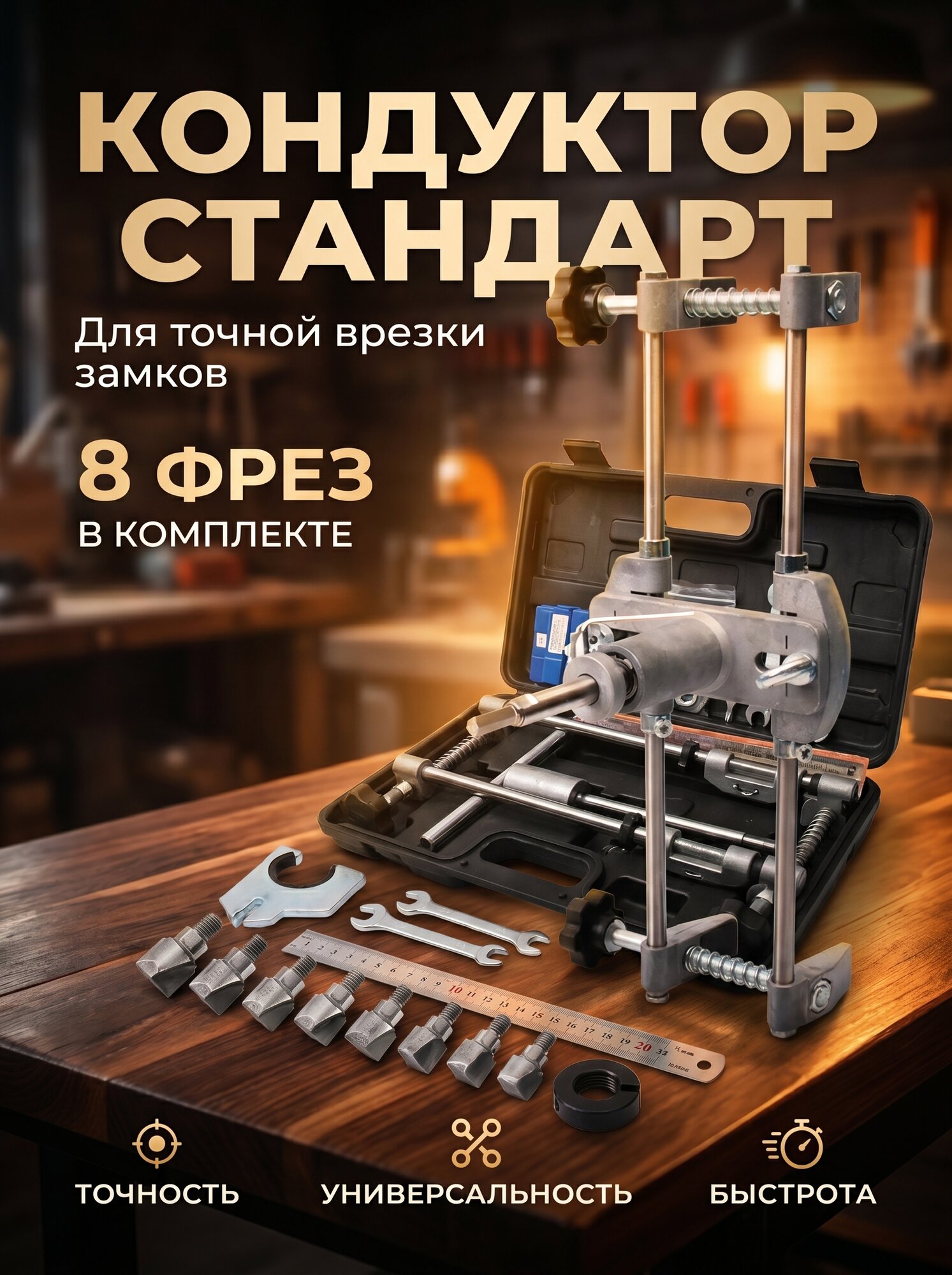 Кондуктор для врезания дверных замков, ручек, личинок Стандарт, +8 фрез
