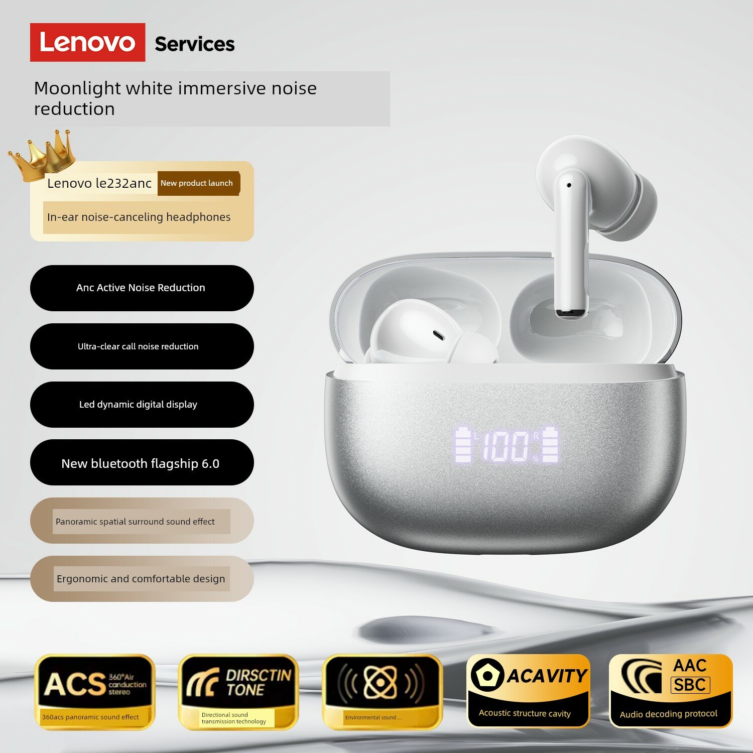 Lenovo беспроводные наушники Bluetooth с активным шумоподавлением, вкладыш-дизайн для спорта, совместимые с Apple и