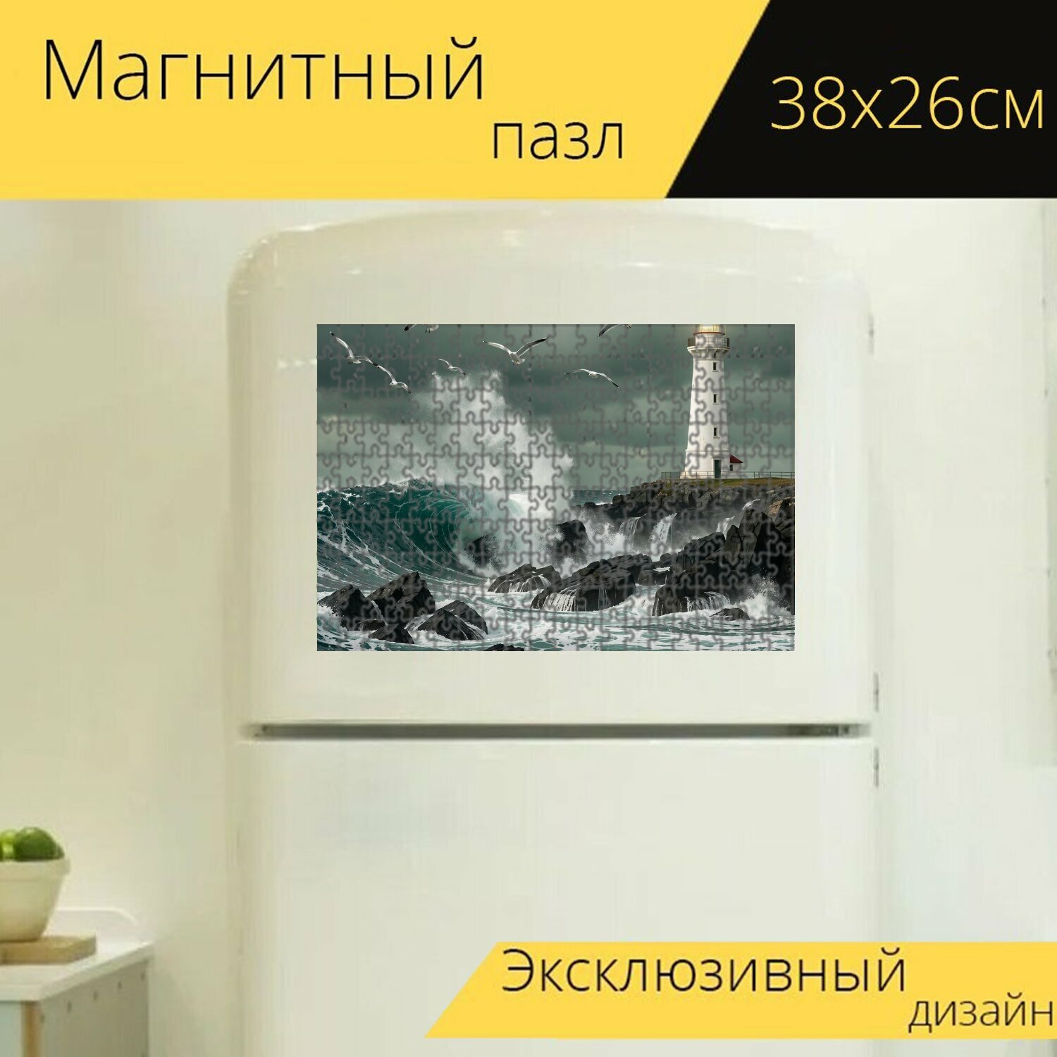Магнитный пазл "Маяк у бушующего моря. Суровый морской пейзаж с белой башней на скалистом берегу, огромными волнами, брызгами и чайками в небе. Мрачные." для интерьера, 38х26 см.