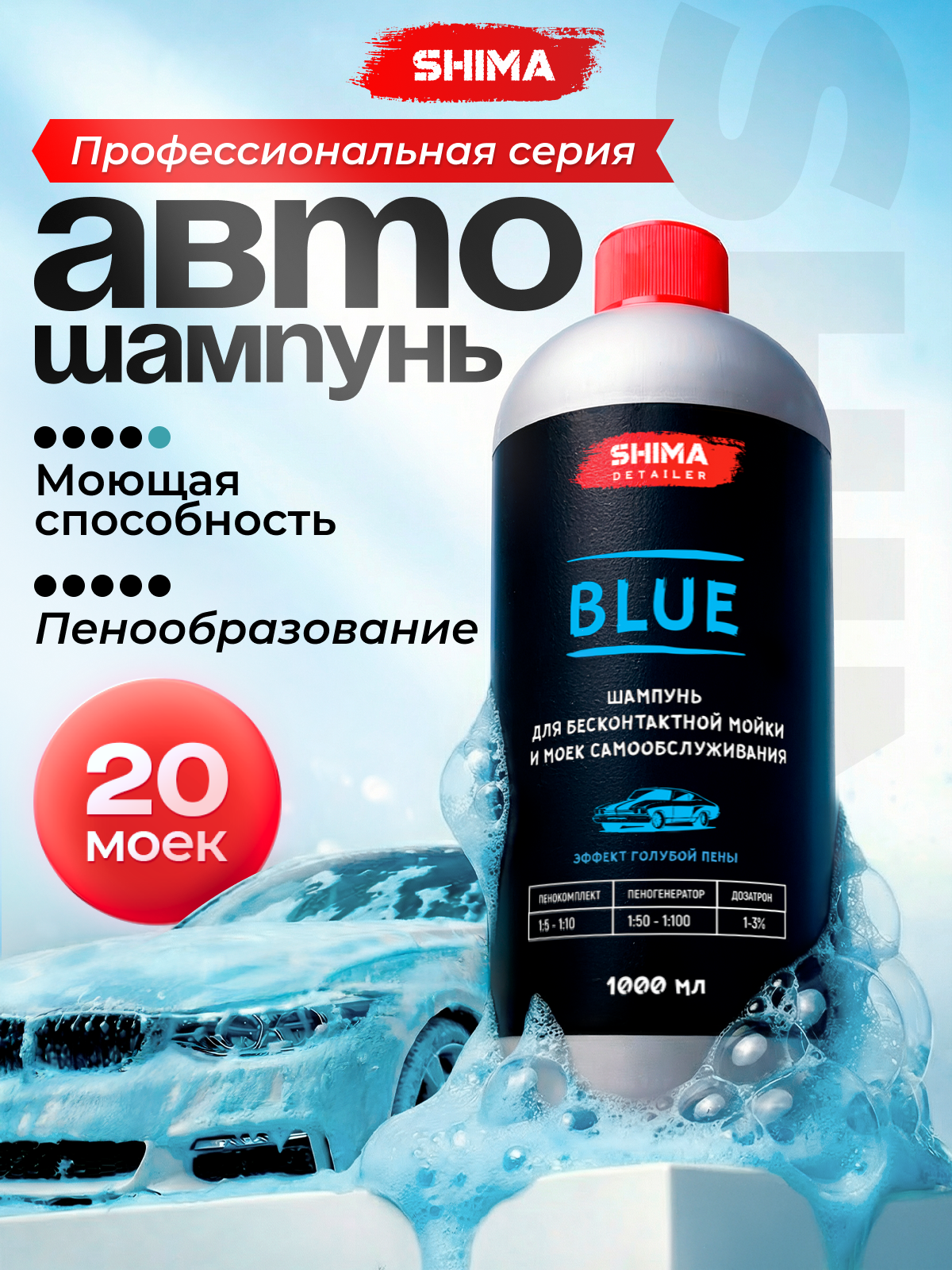 Автошампунь SHIMA DETAILER BLUE, для бесконтактной мойки, 1 л
