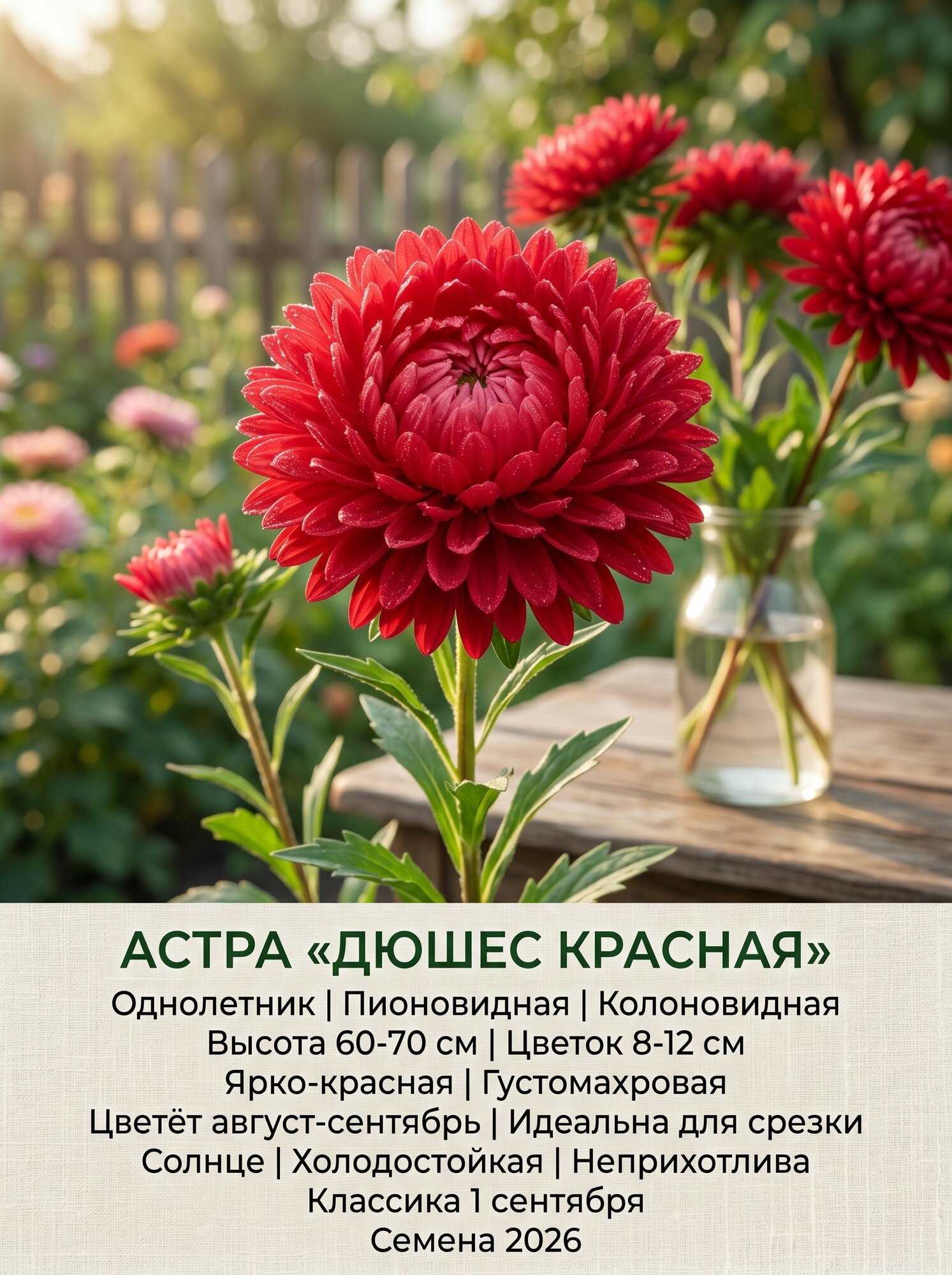 Семена Астра Дюшес Красная (0,2 г) пионовидная, ярко-красная, 70 см, для клумб и букетов, однолетник