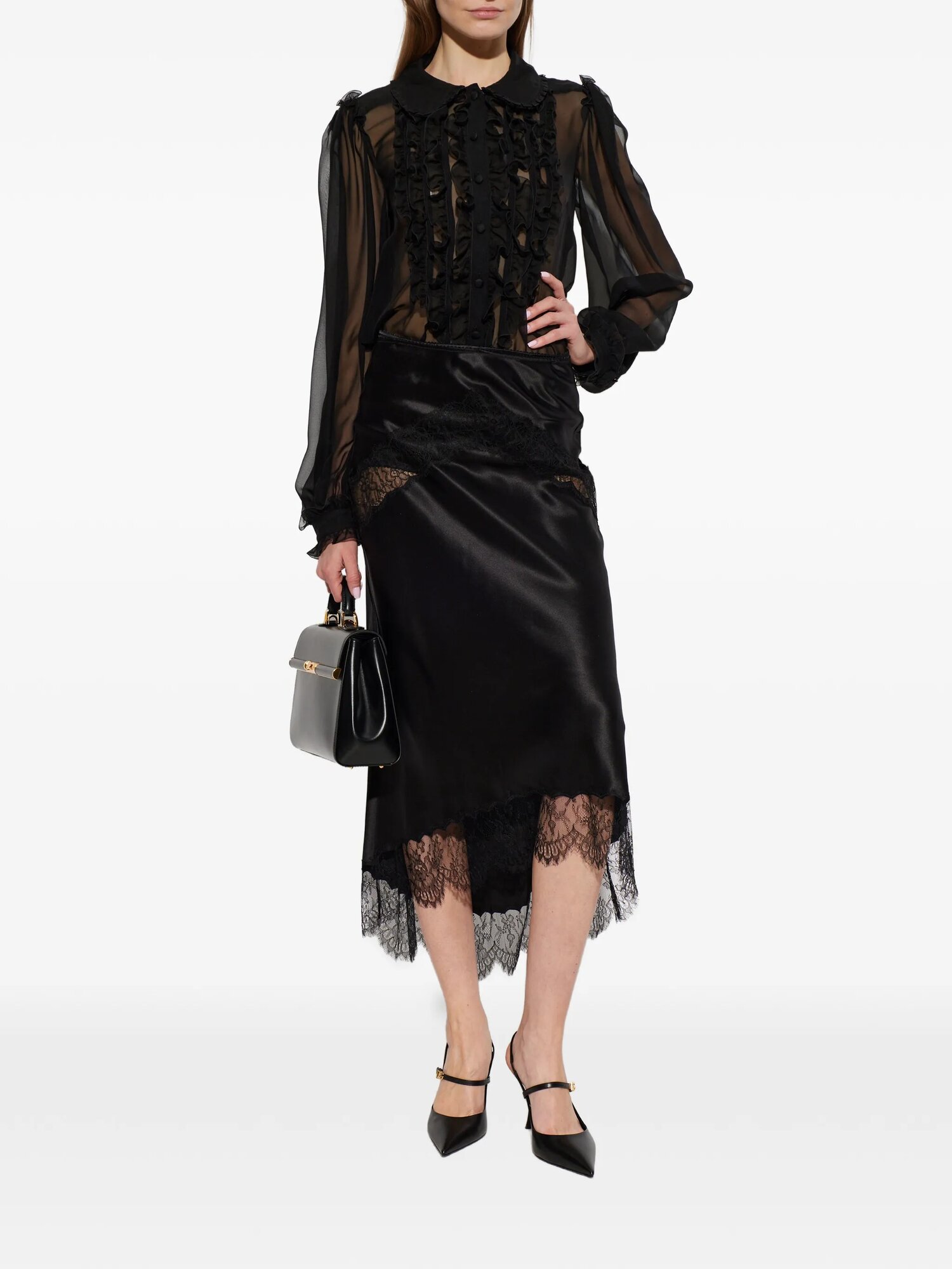 Блуза DOLCE & GABBANA Ruffled sheer blouse, размер 38, black / black — фото 1