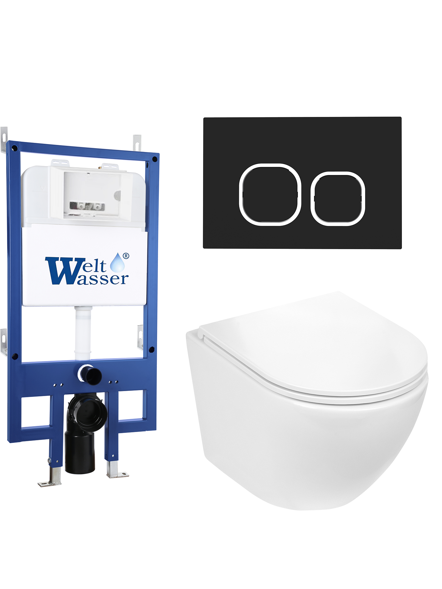 Комплект 3 в 1 Унитаз подвесной WeltWasser MERZBACH 043 GL-WT безободковый+Инсталляция BAMBERG 545 с кнопкой BAMBERG BL черная матовая