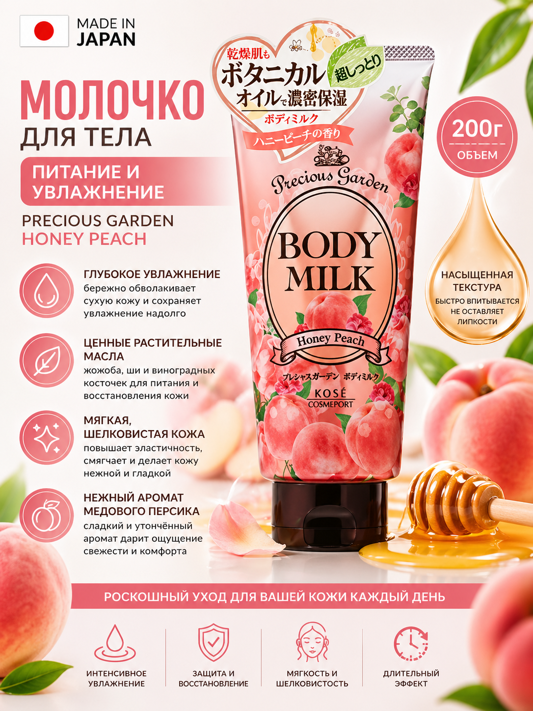 Молочко для тела питательное и увлажняющее Precious Garden Body Milk Honey Peach с ароматом персика, KOSE 200г