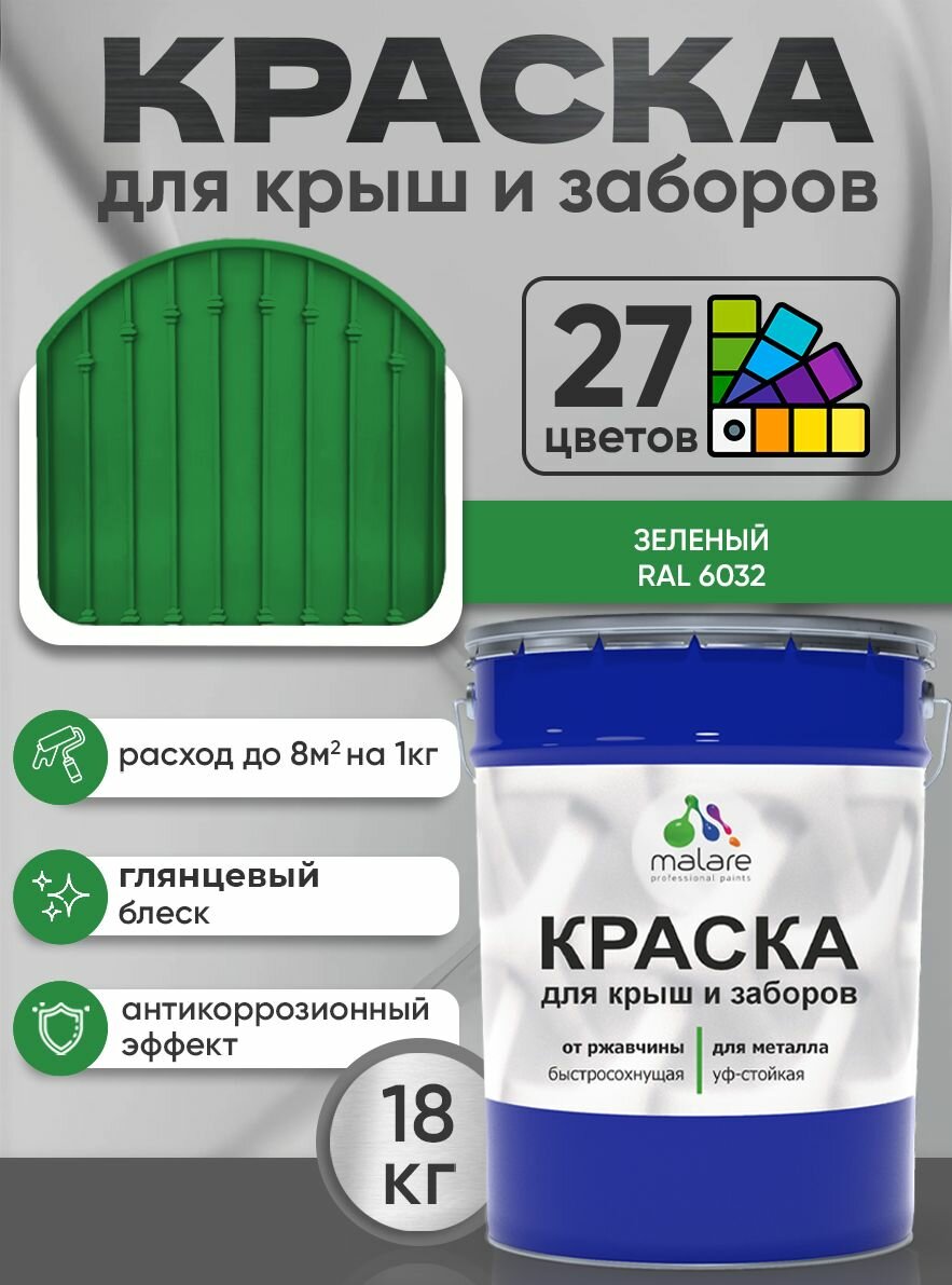 Краска по металлу Malare для крыш и заборов по ржавчине, для наружных работ, быстросохнущая износостойкая RAL 6032 зеленый, глянцевая, 18 кг