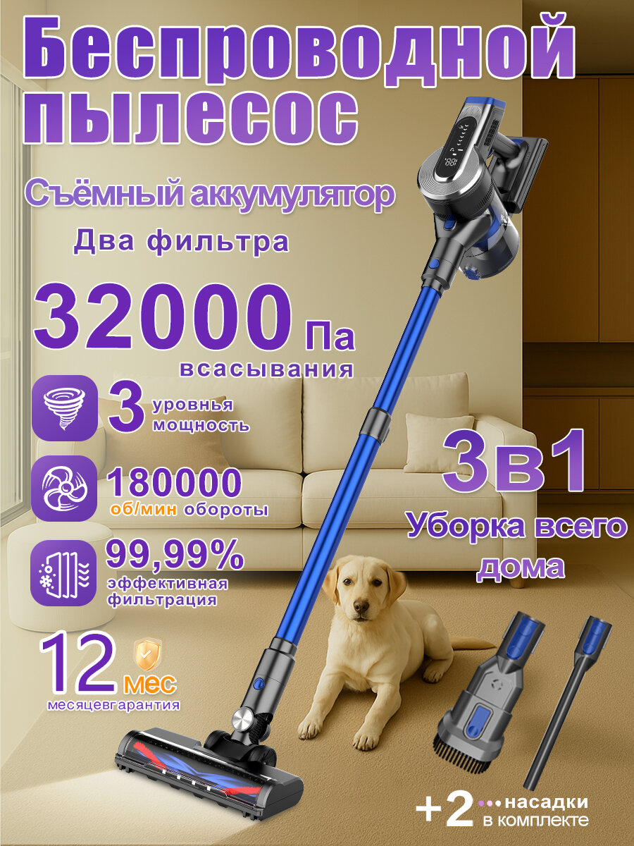 Luxe 32000 Па WS02 PRO MAX Мощный пылесос вертикальный беспроводной для дома, Съёмный аккумулятор, с креплением на стену, с двойной фильтром и подсветкой