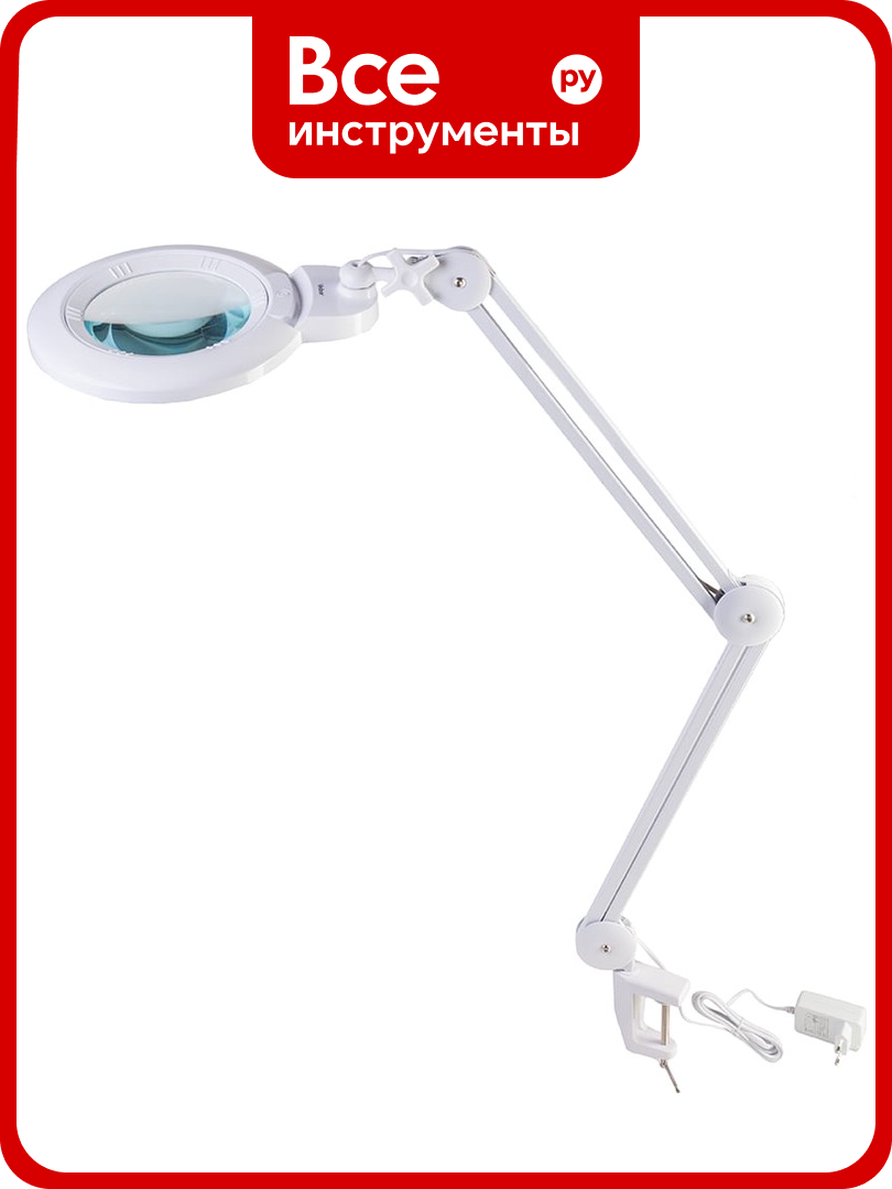 Лупа на струбцине с подсветкой LED Veber 8608D, стальная конструкция, стеклянная линза, сетевое питание